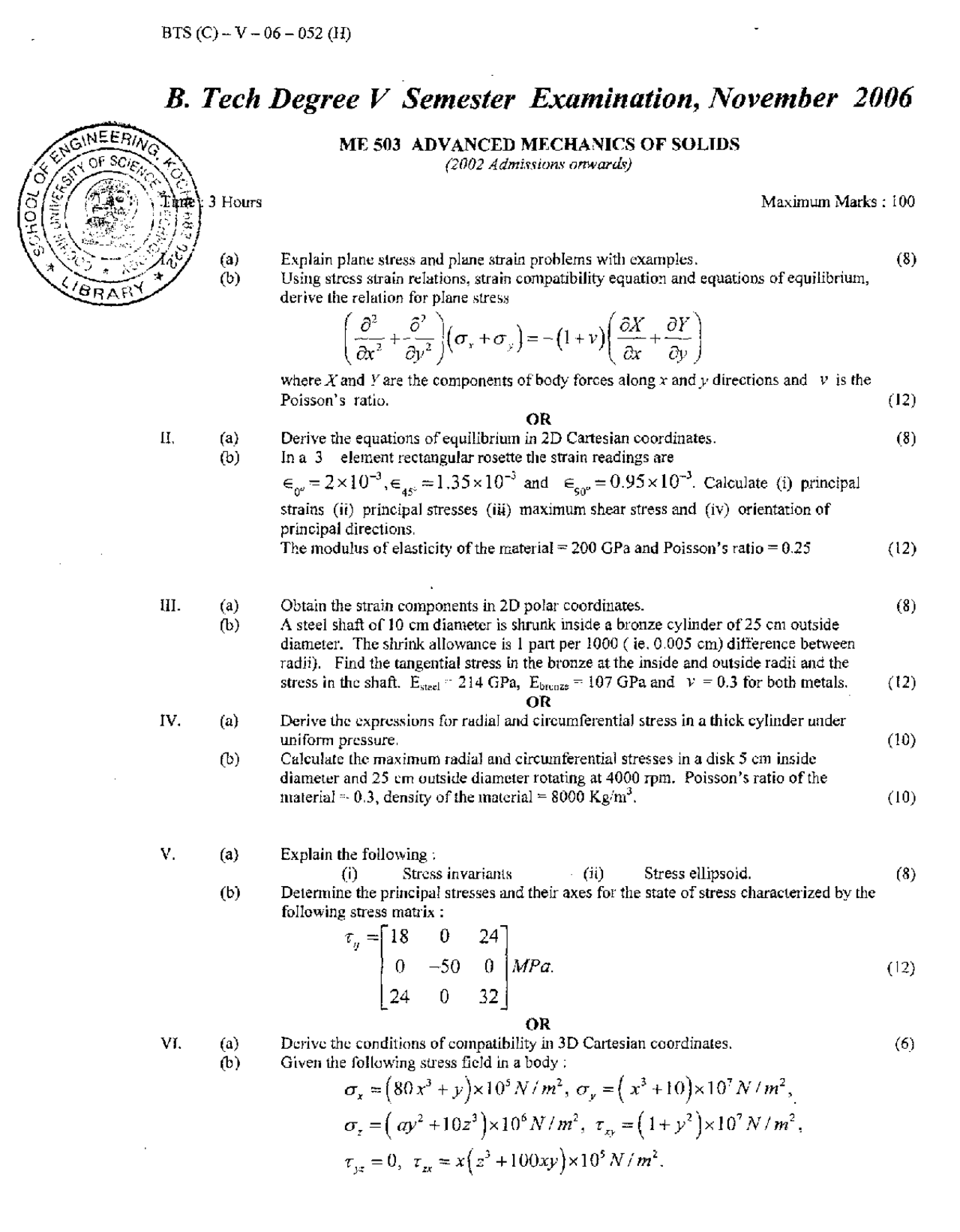 Test Paper - Advanced Mechanics of Solids - Cochin University ...