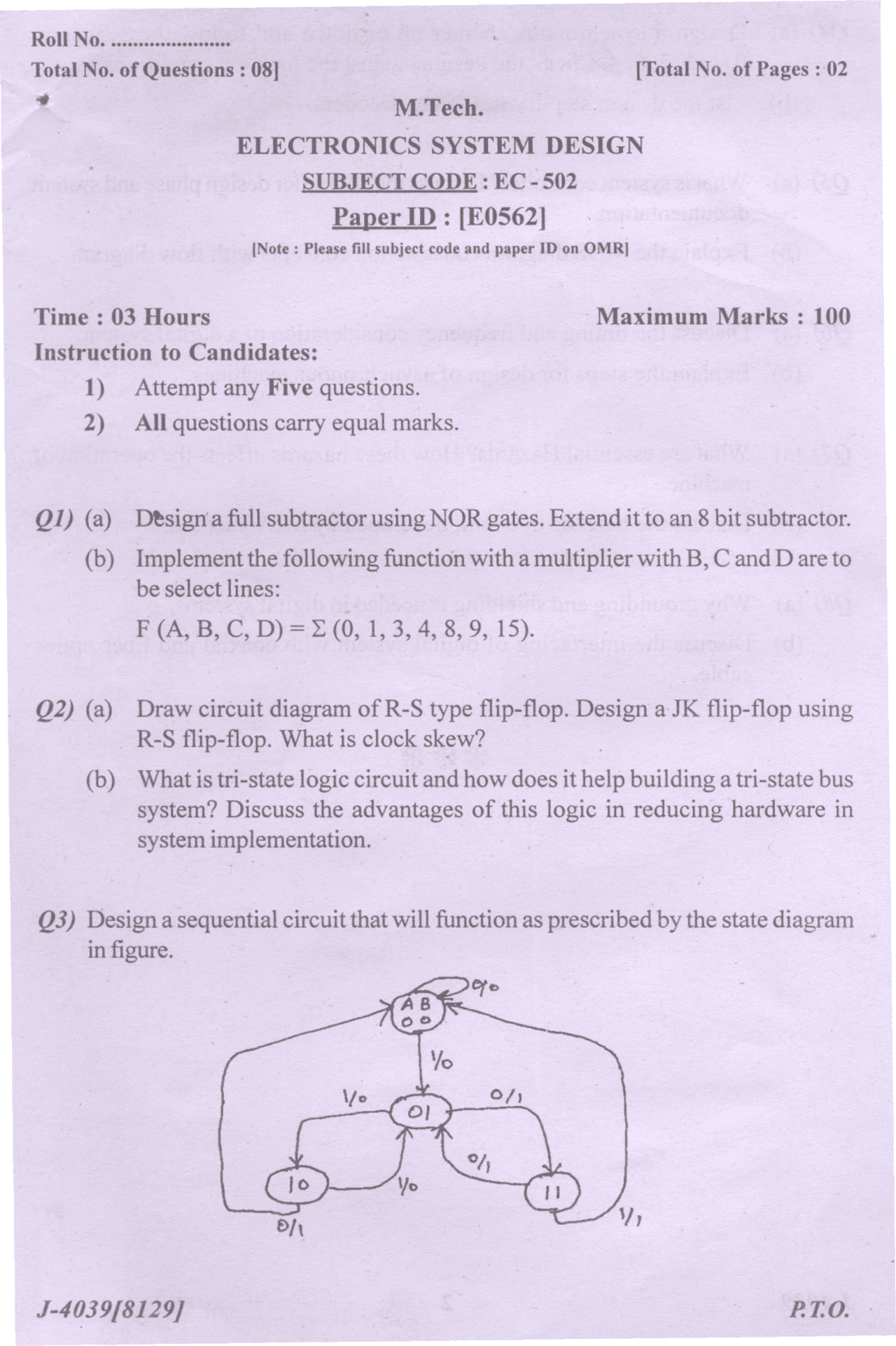 Test Paper Electronics System Design Punjab Technical University