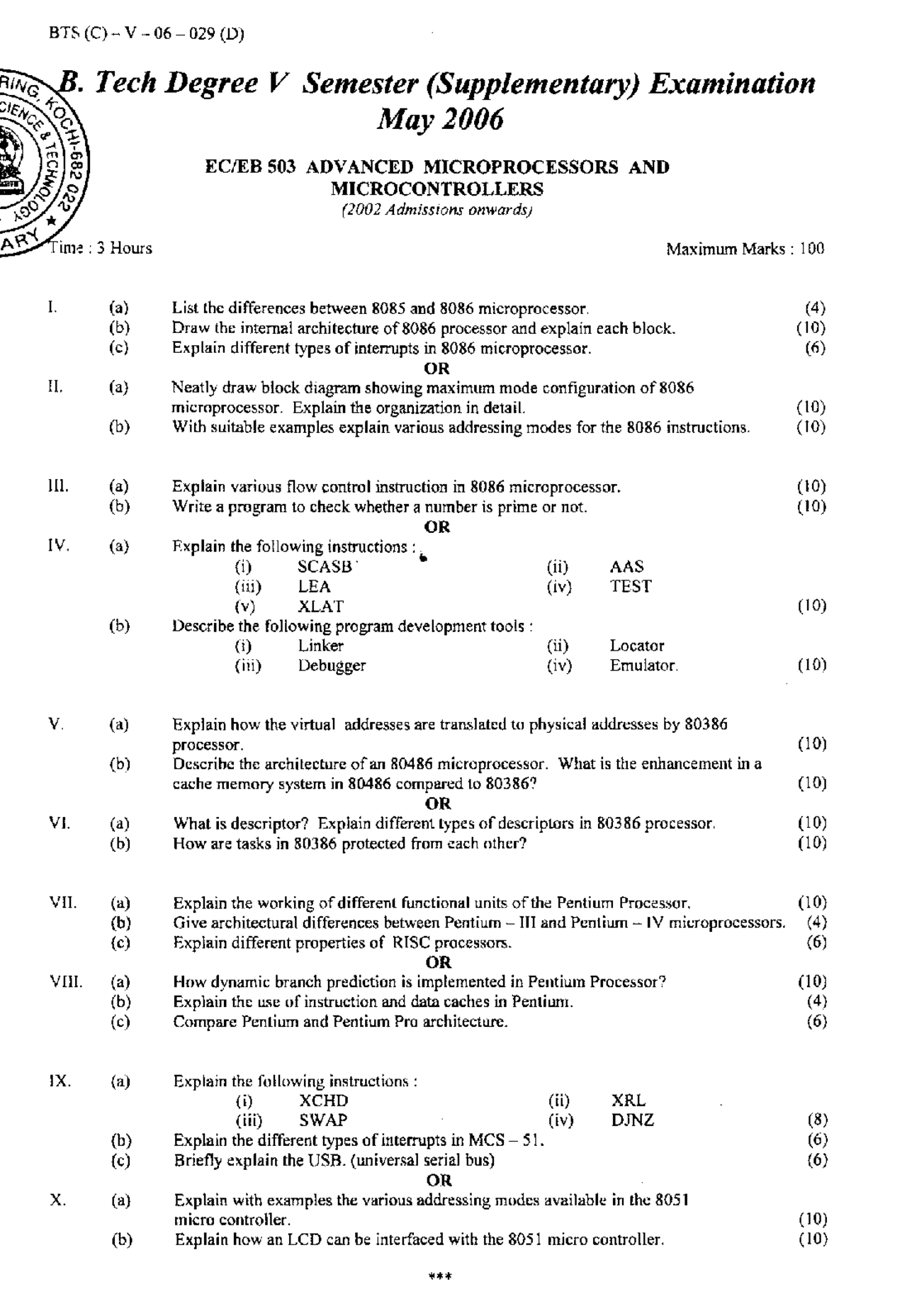 Test Paper Microprocessors And Micro Controllers Cochin University
