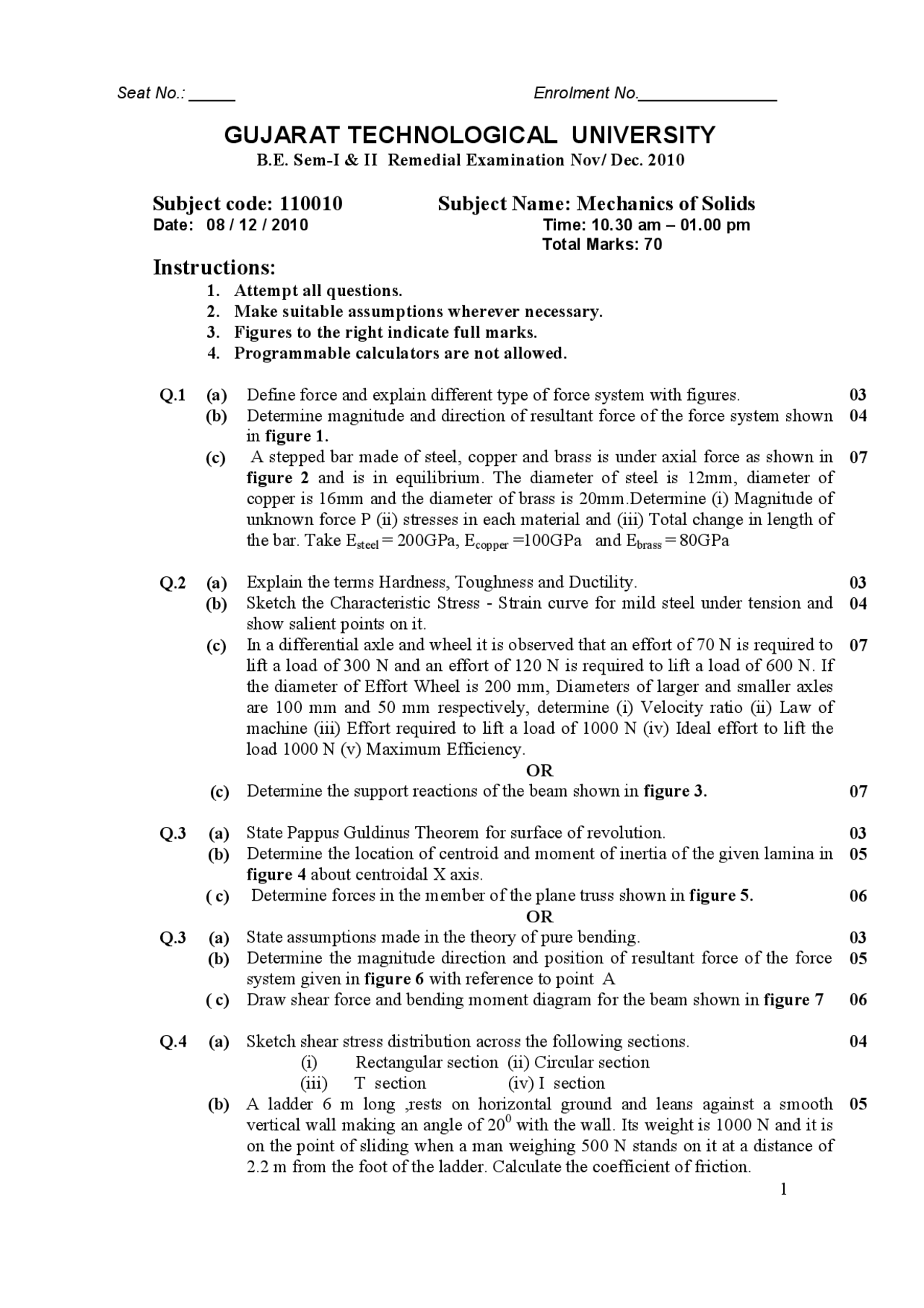 Test Paper - MECHANICS OF SOLIDS - Gujarat Technological University ...