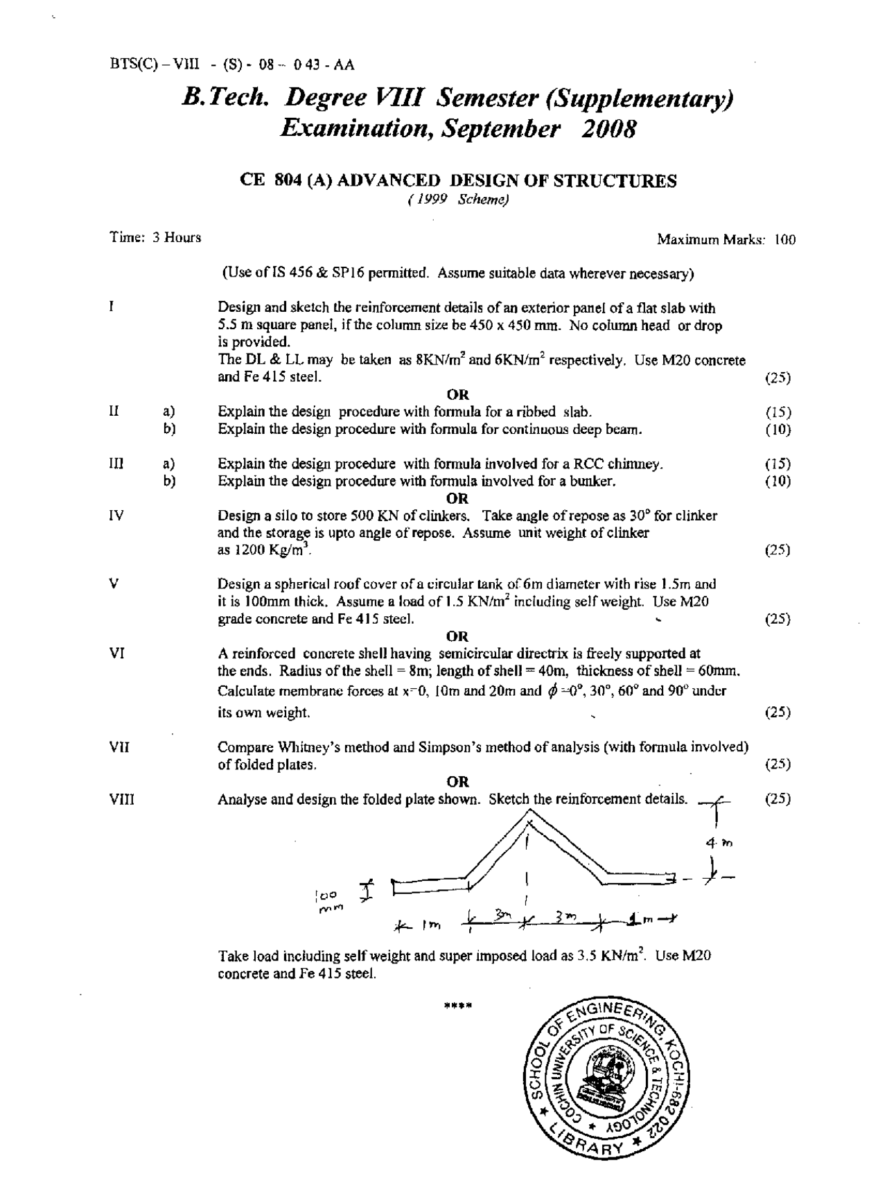 Test Paper Advanced Design Of Structures Cochin University Civil