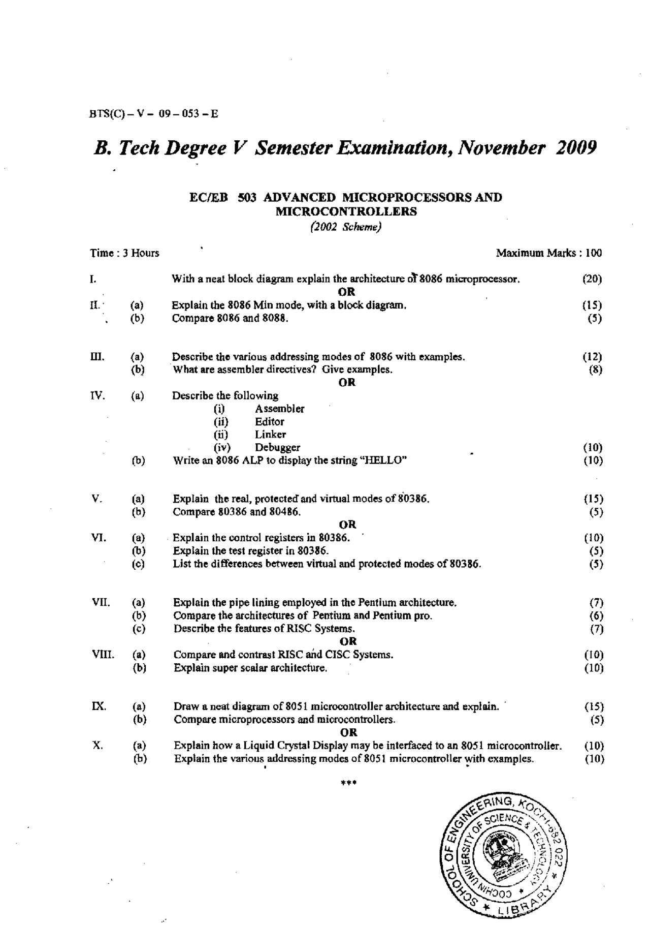 Test Paper Microprocessors And Micro Controllers Cochin University