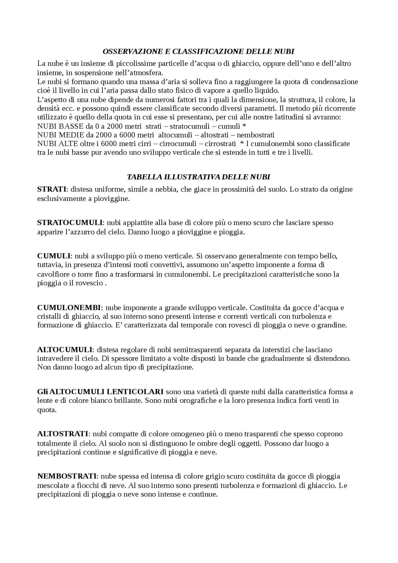 Nubi Osservazione E Classificazione Docsity