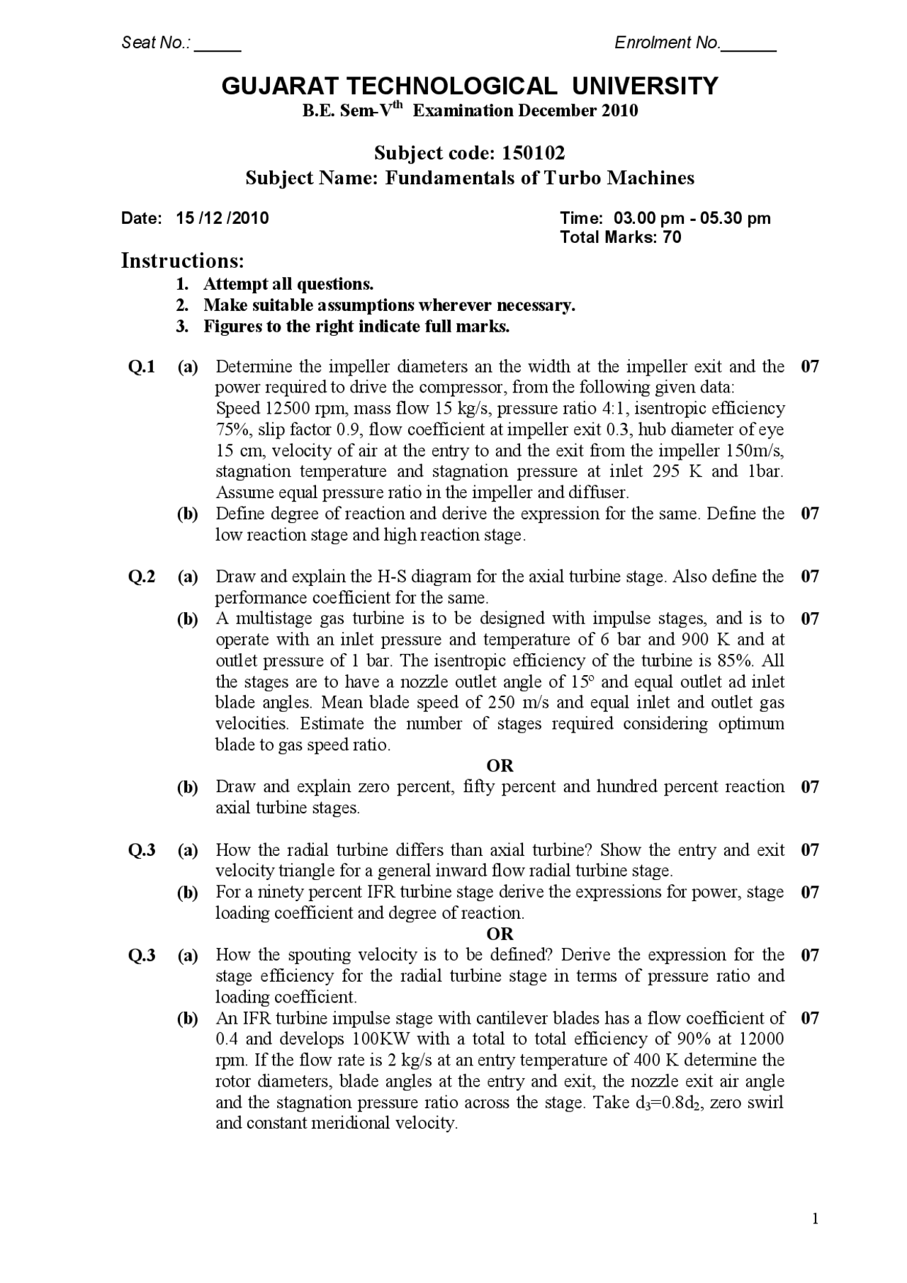 Fundamentals Of Turbo Machines Test Paper Gtu Docsity