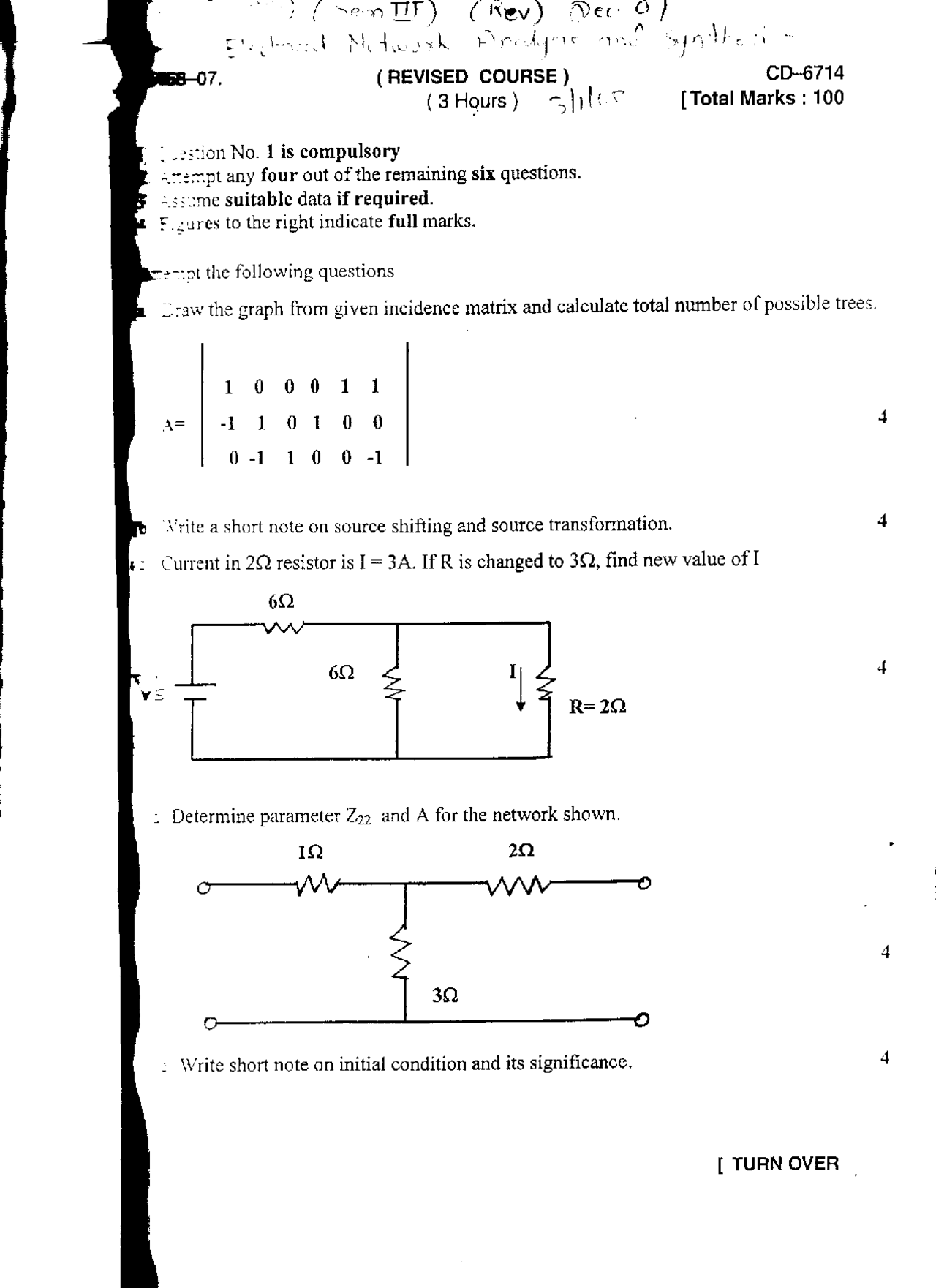 Test Paper Electrical Network Analysis And Synthesis Mumbai