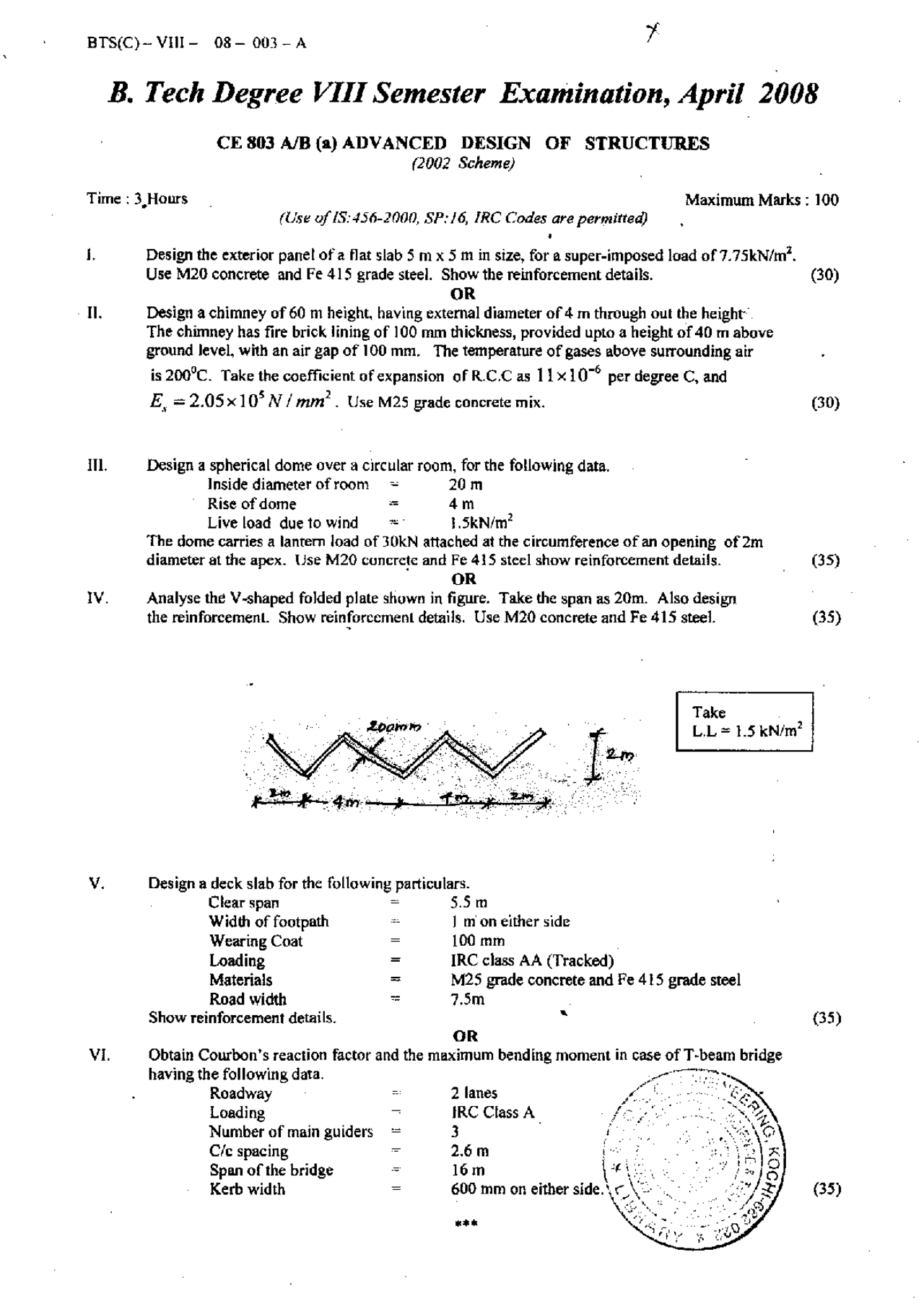 Test Paper Advanced Design Of Structures Cochin University Civil