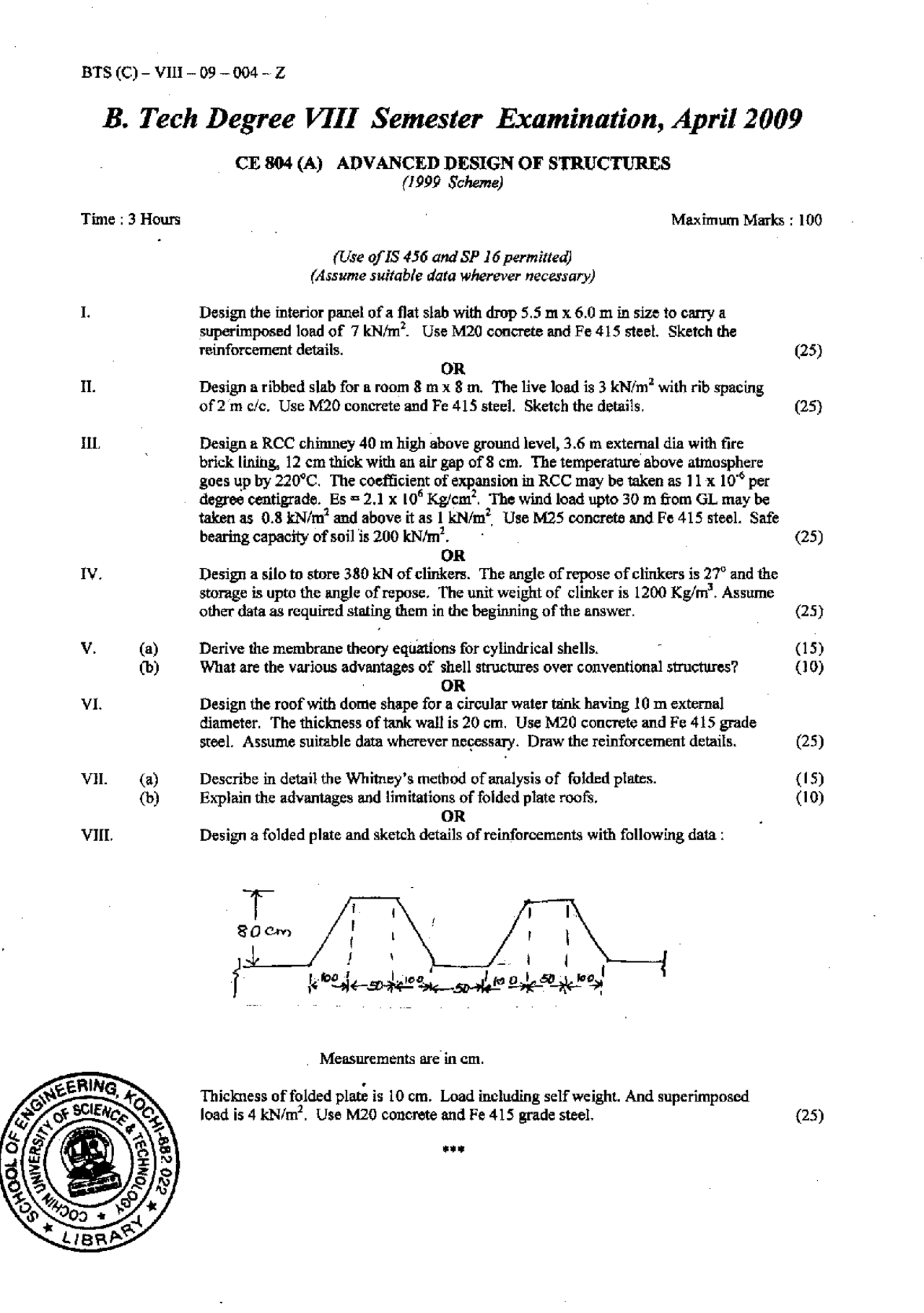 Test Paper Advanced Design Of Structures Cochin University Civil