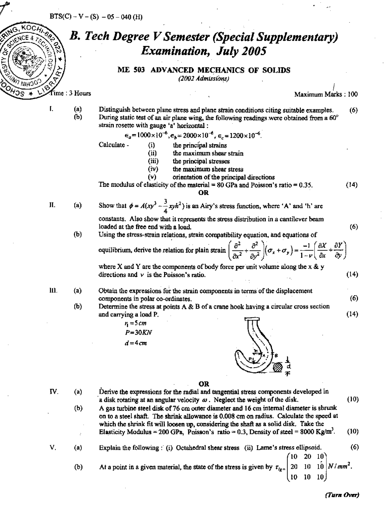 Test Paper - Advanced Mechanics of Solids - Cochin University ...
