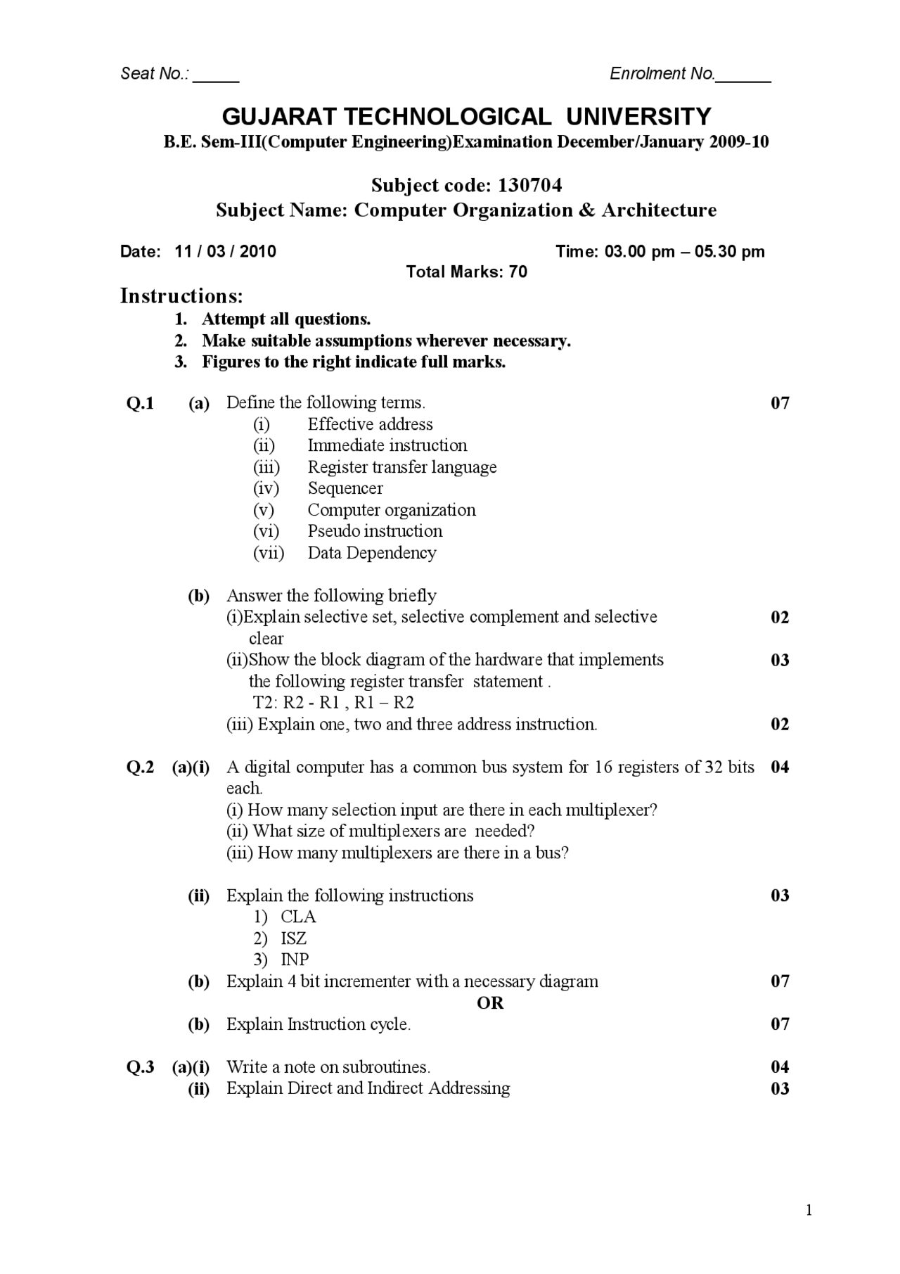 Test Paper - Computer Organization and Architecture and Gujarat ...