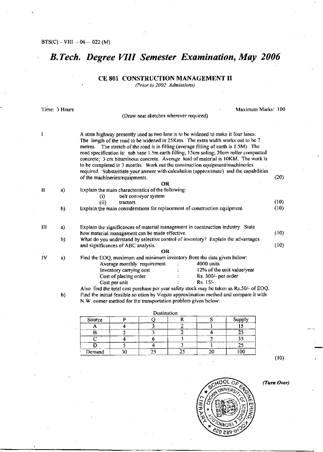Construction Management II Test Paper | VIII Semester - Docsity