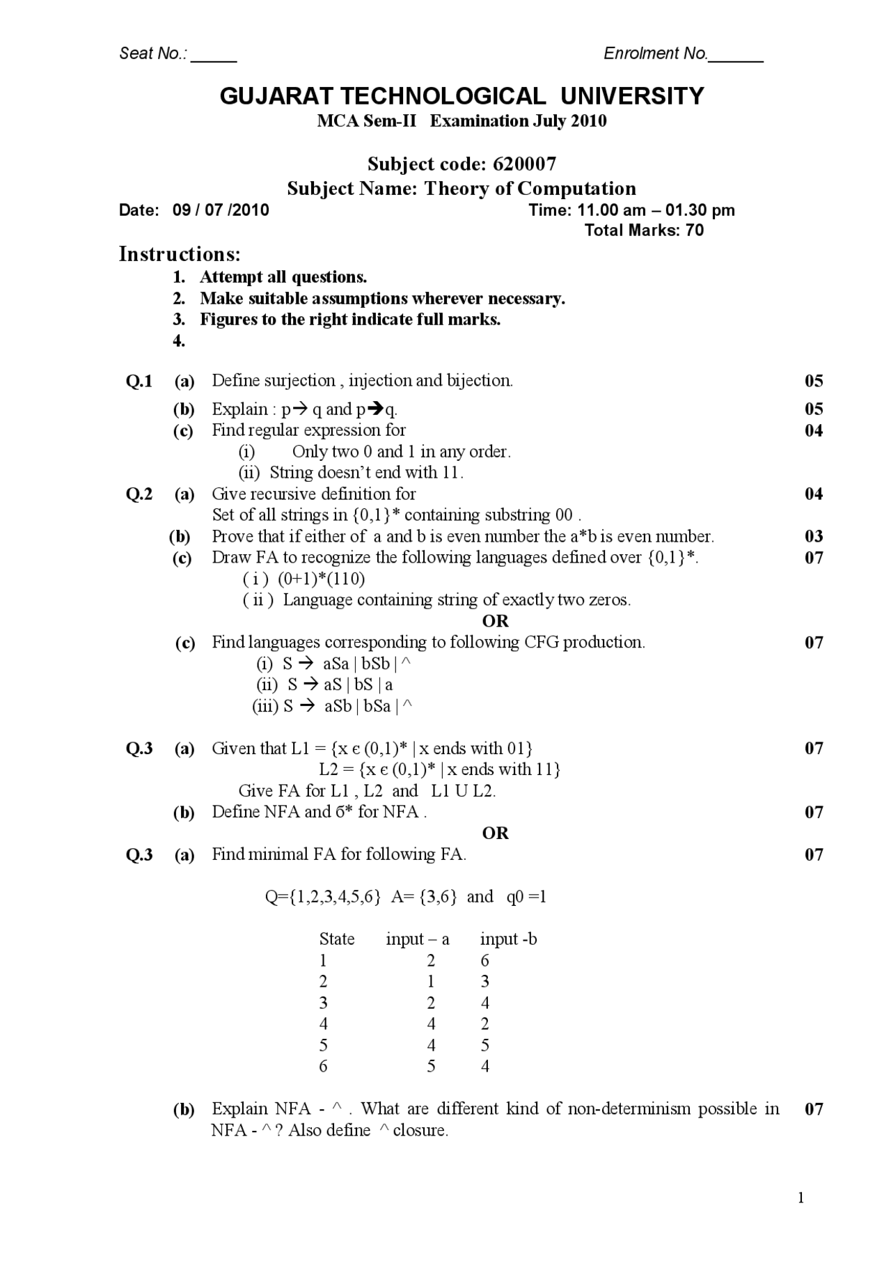 Theory Of Computation Test Paper Solving Questions Gtu Docsity 
