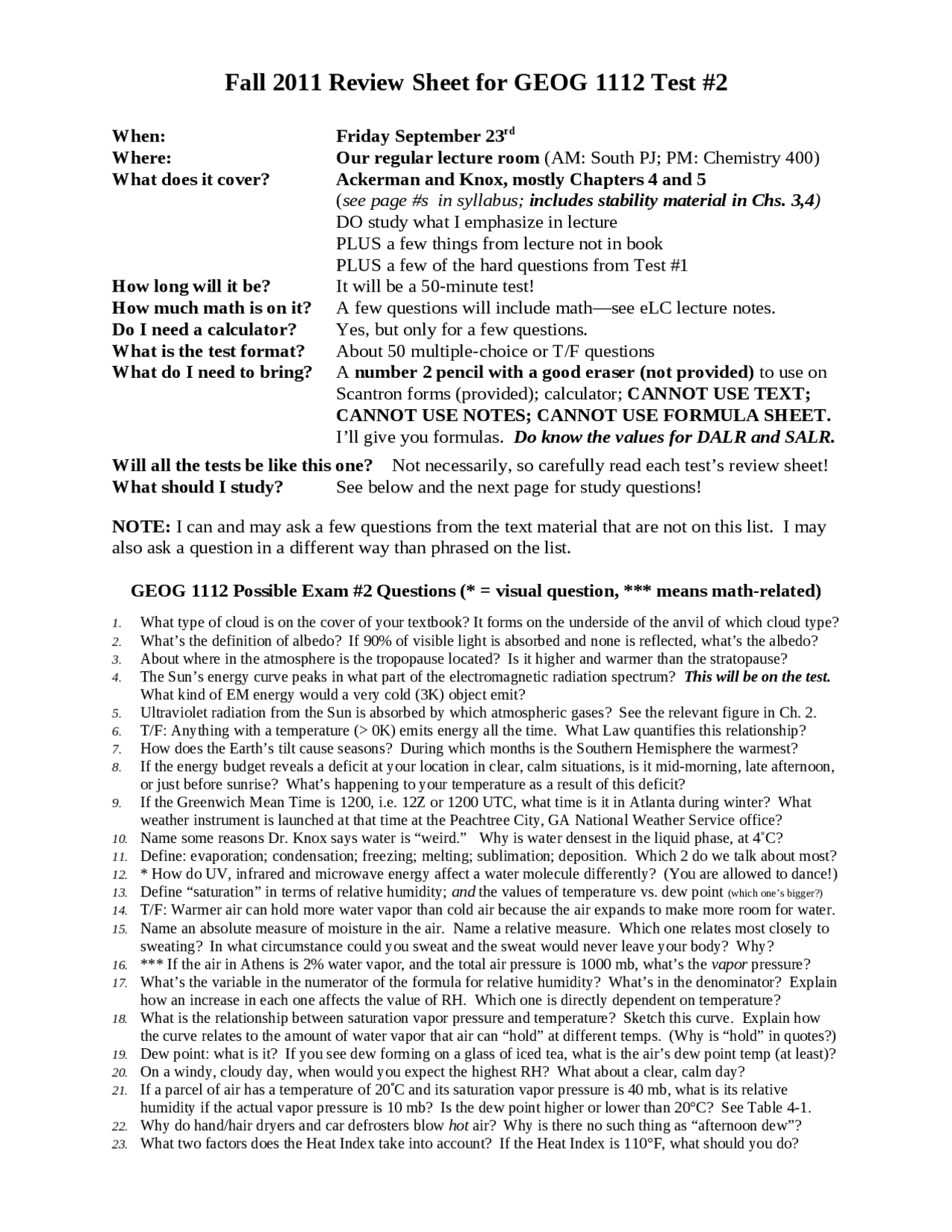 Review Sheet For Test 2 Introduction To Weather And Climate Geog
