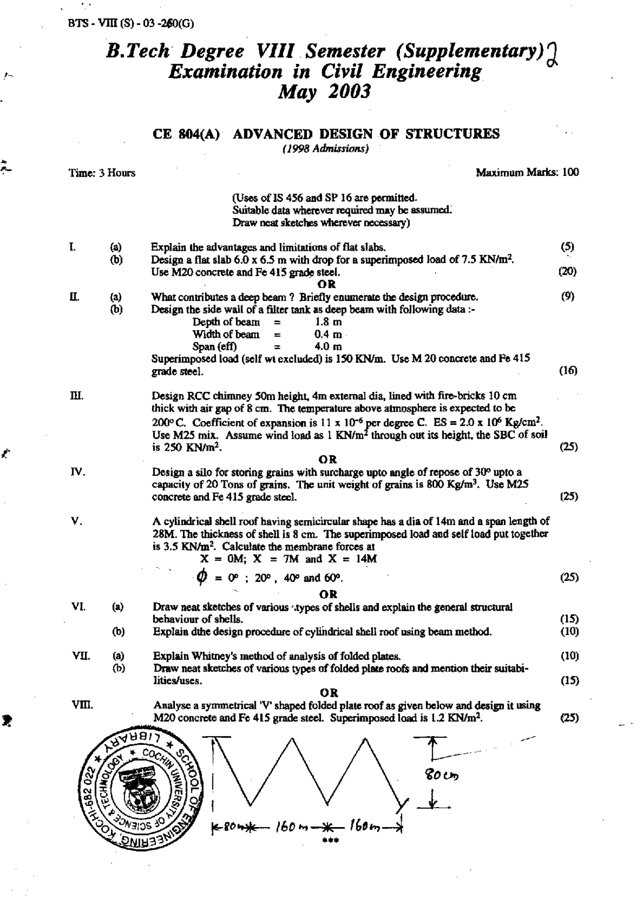 Test Paper Advanced Design Of Structures Cochin University Civil