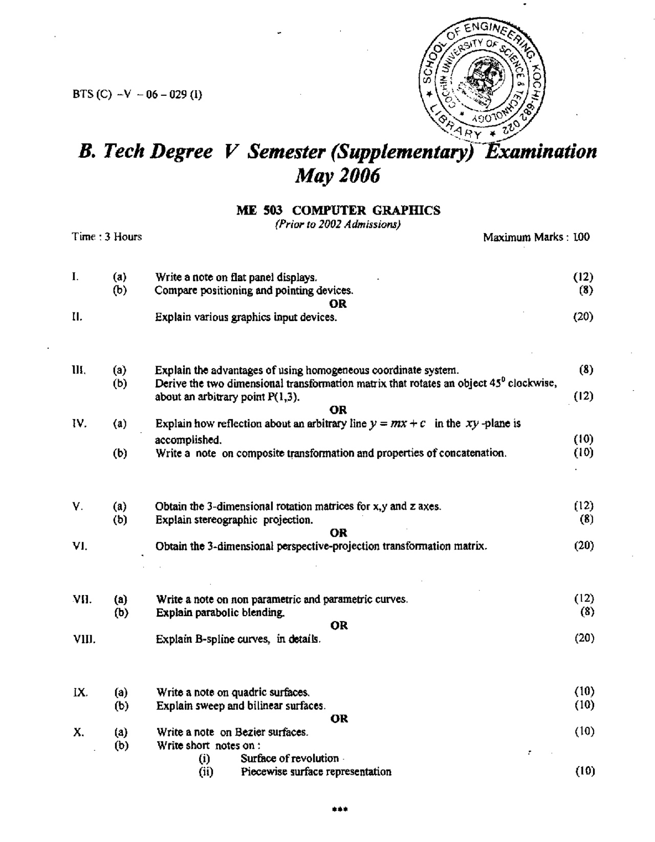 Test Paper - Computer Graphics - Cochin University - Mechanical ...