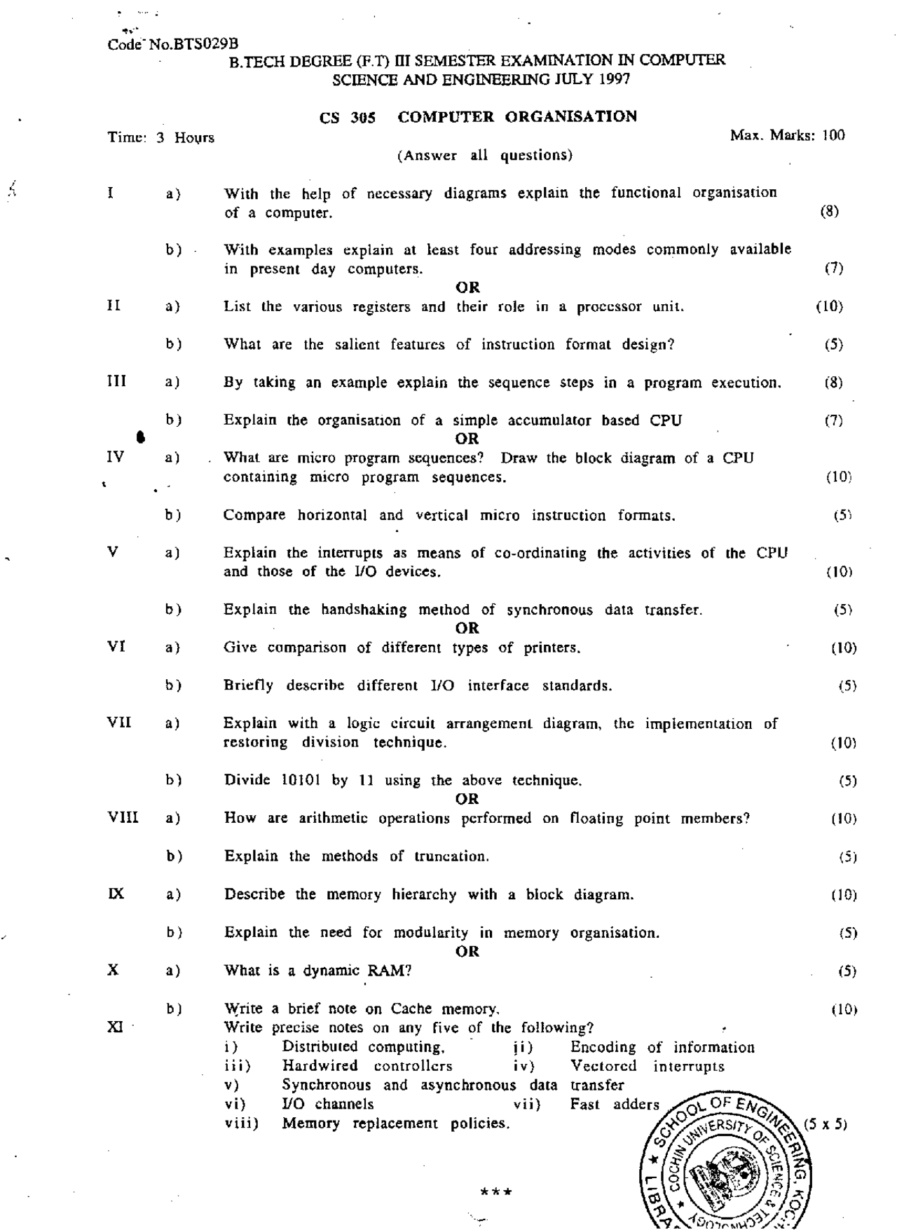 Test Paper Computer Organization Cochin University Computer