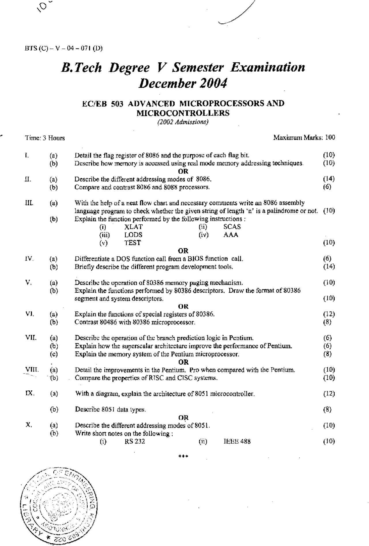 Test Paper Microprocessors And Micro Controllers Cochin University
