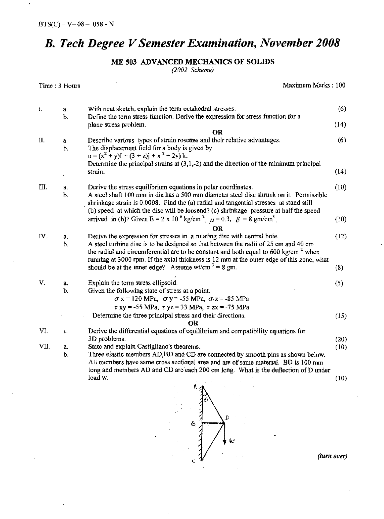 Test Paper - Advanced Mechanics of Solids - Cochin University ...