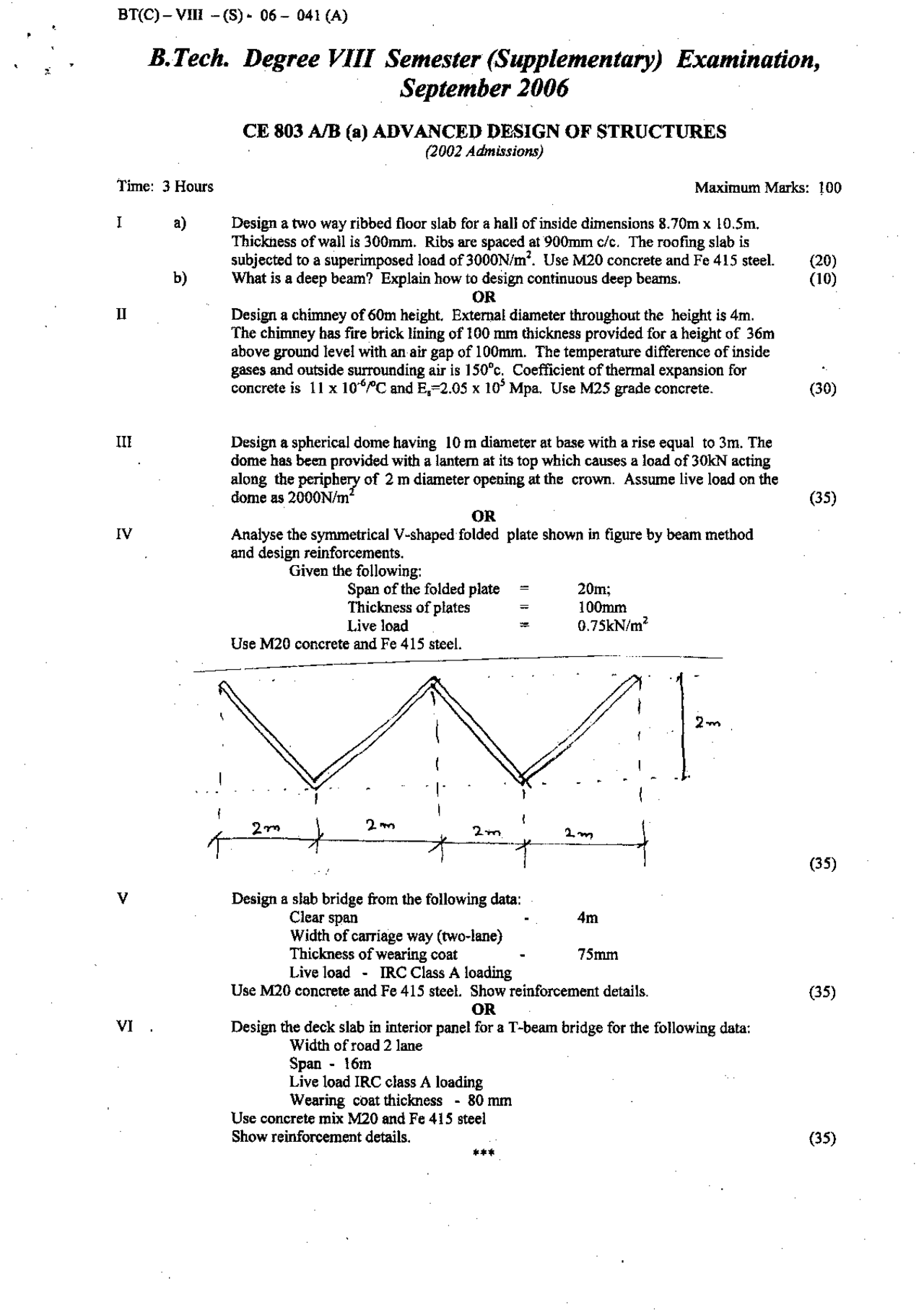 Test Paper Advanced Design Of Structures Cochin University Civil