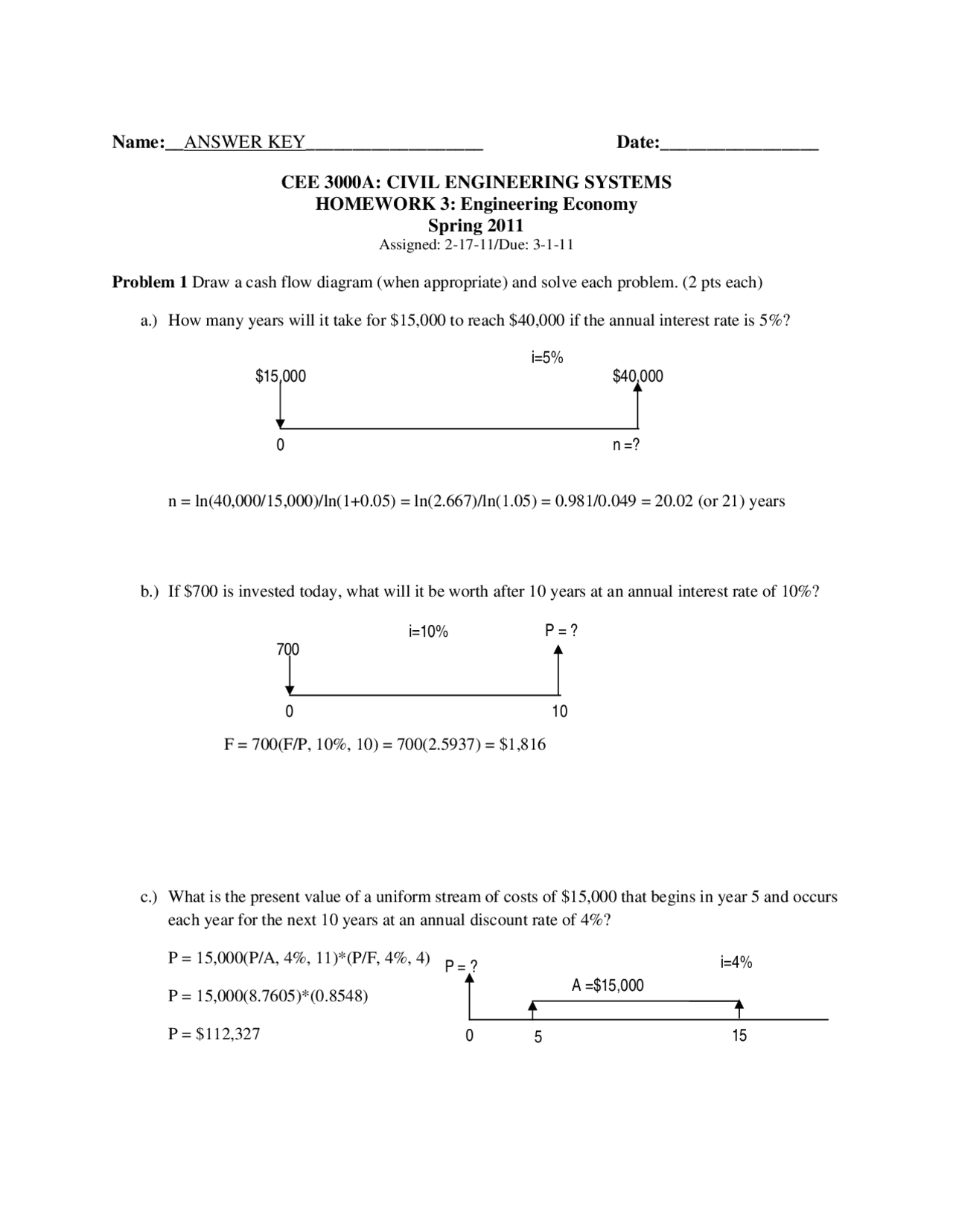 Engineering Economy - Homework 3 with Answer Key | CEE 3000 | Study ...
