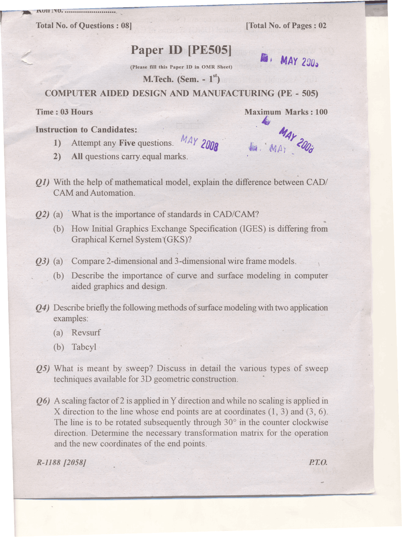 Test Paper - Computer Aided Design and Manufacturing - Punjab Technical ...