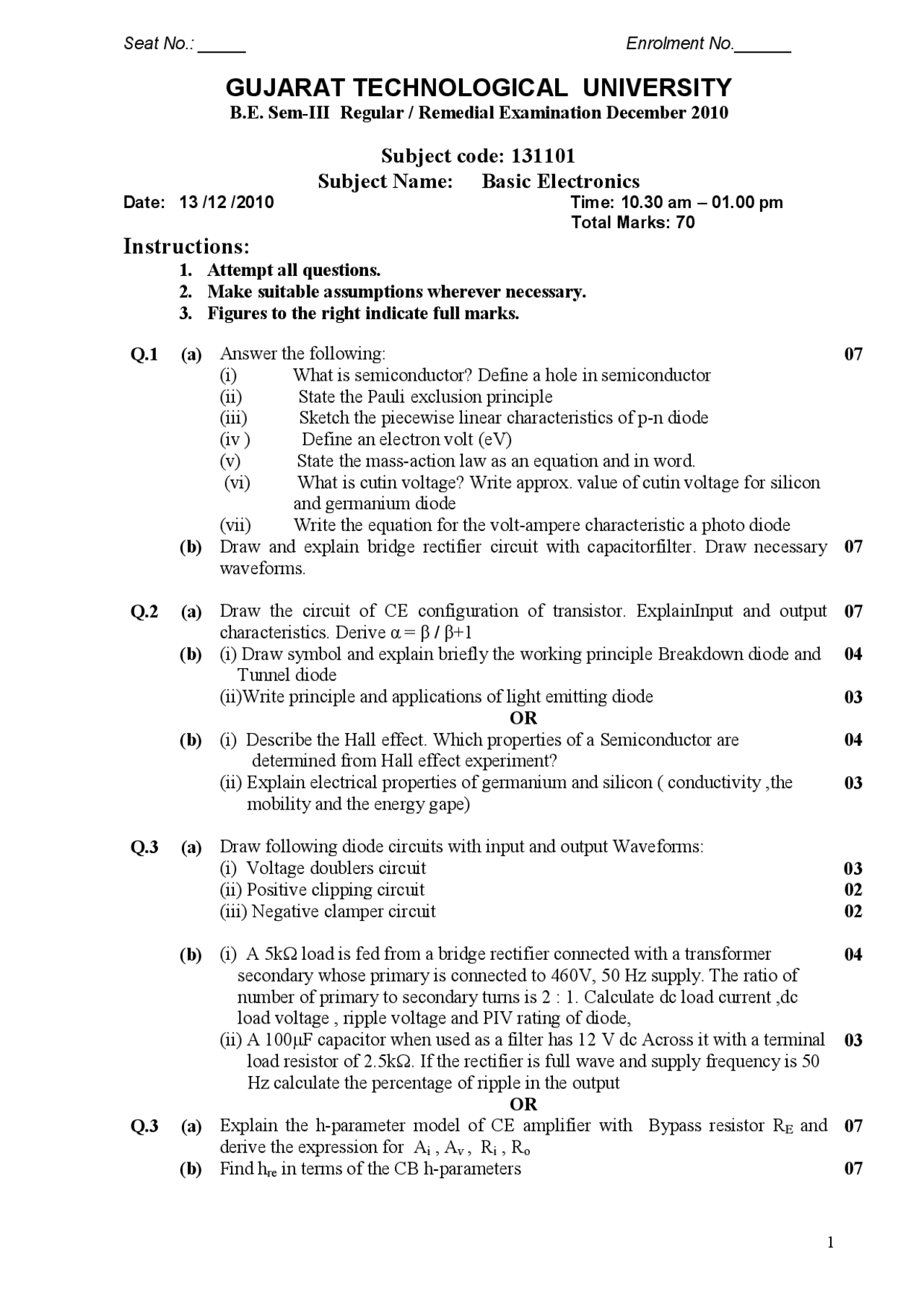 Test Paper - Computer Engineering - Basic Electronics - Gujarat ...