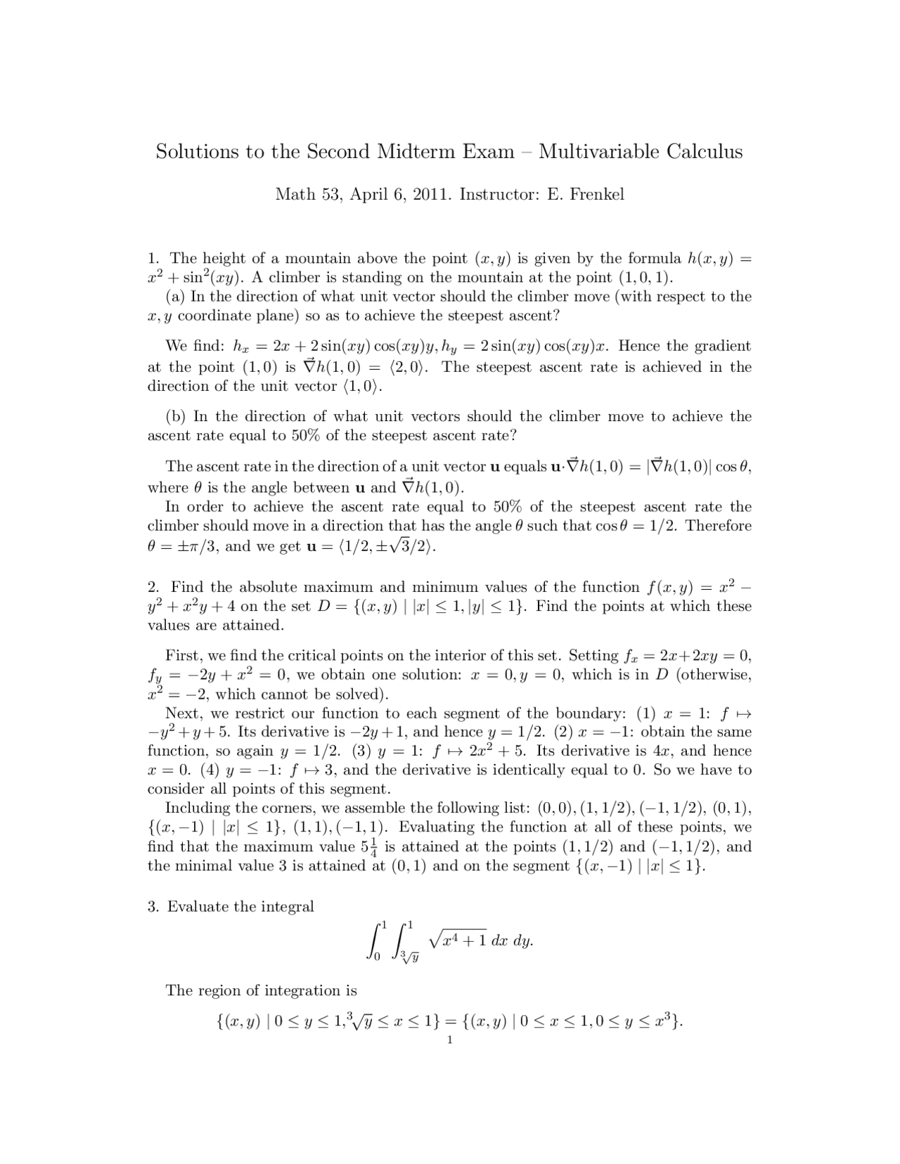 Multivariable Calculus Midterm Exam Solutions - Math 53, April 6, 2011 ...