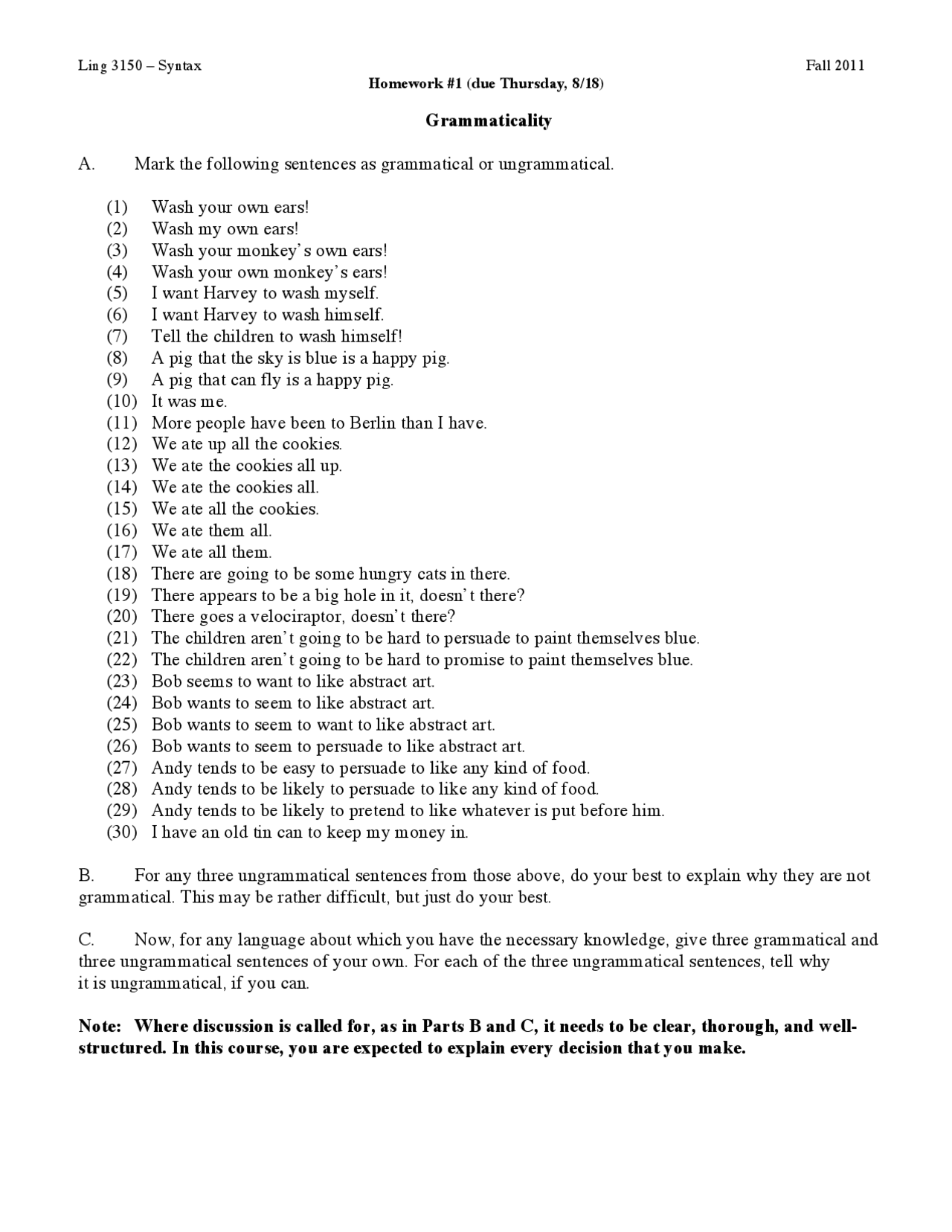 Grammaticality Homework 1 Generative Syntax Ling 3150 Docsity
