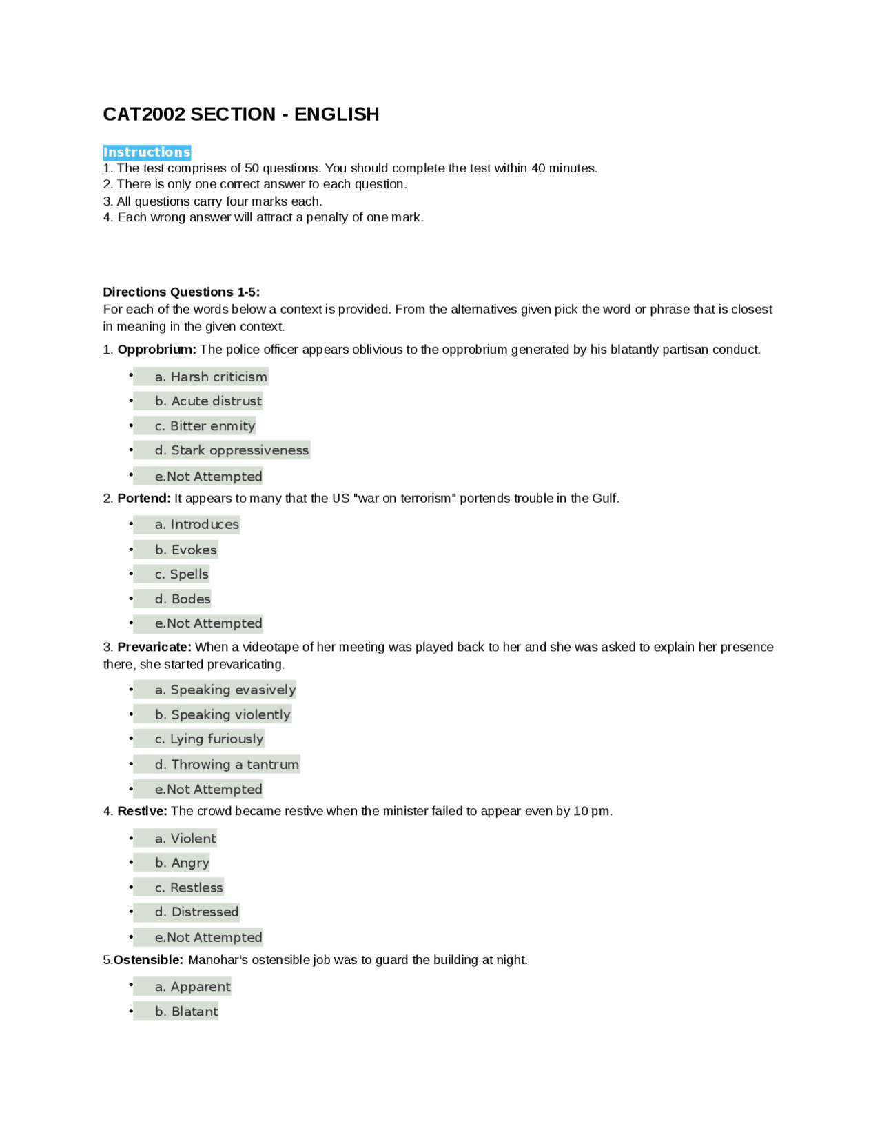 Entrance Paper - Section - Common Admission Test(CAT) English - 2002 ...