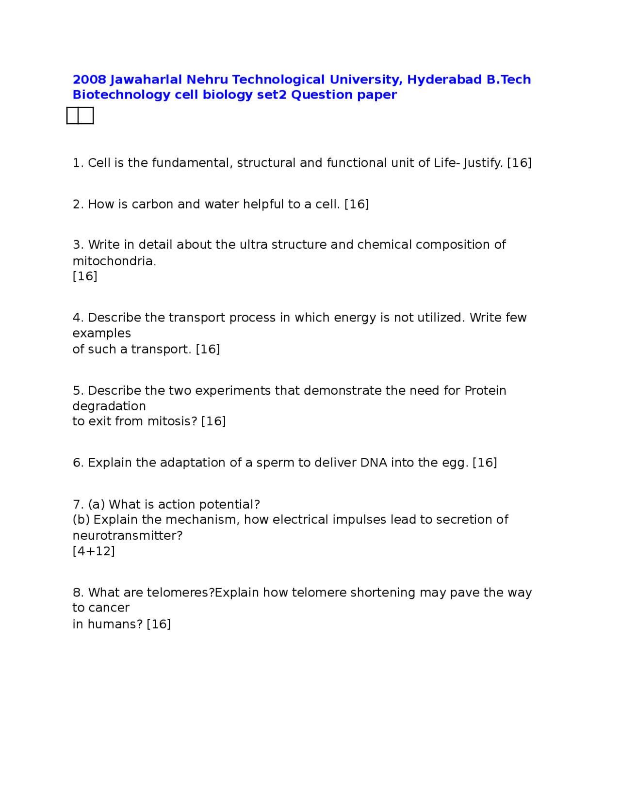 Test Paper - Cell Biology - Jawaharlal Nehru Technological University ...
