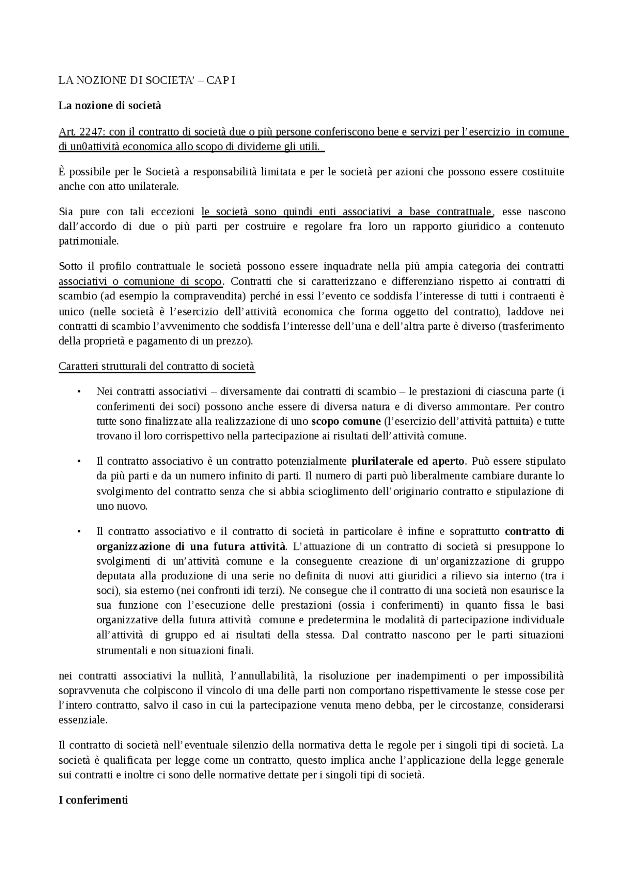 La nozione di società - Docsity