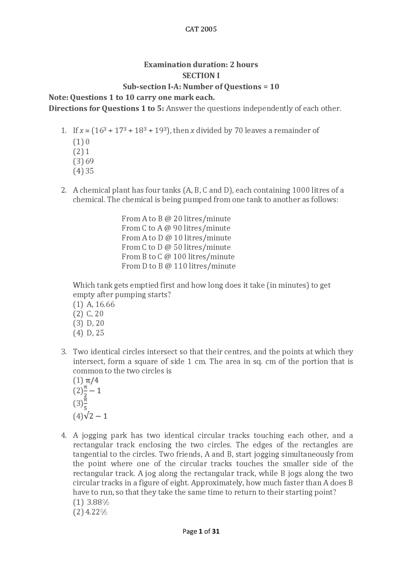 Entrance Paper - Common Admission Test(CAT) - 2005 | Study notes ...