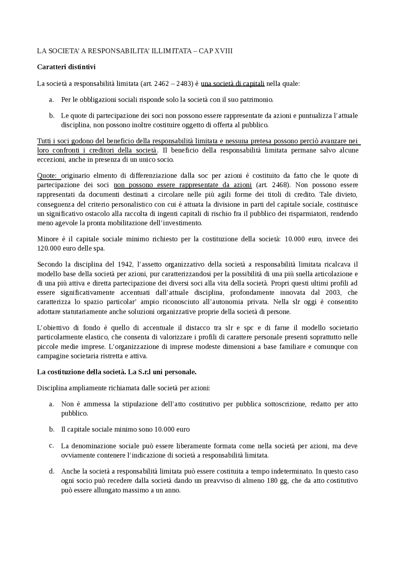 La Società A Responsabilità Limitata Docsity