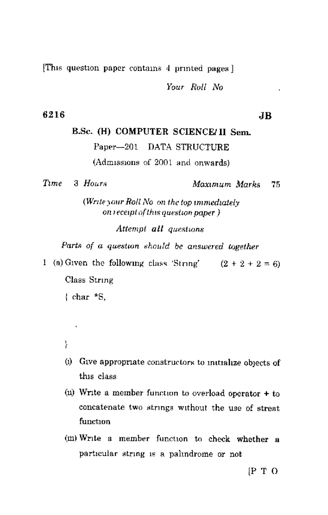 Test Paper Data Structure Delhi University Bachelor Of Science H Computer Science