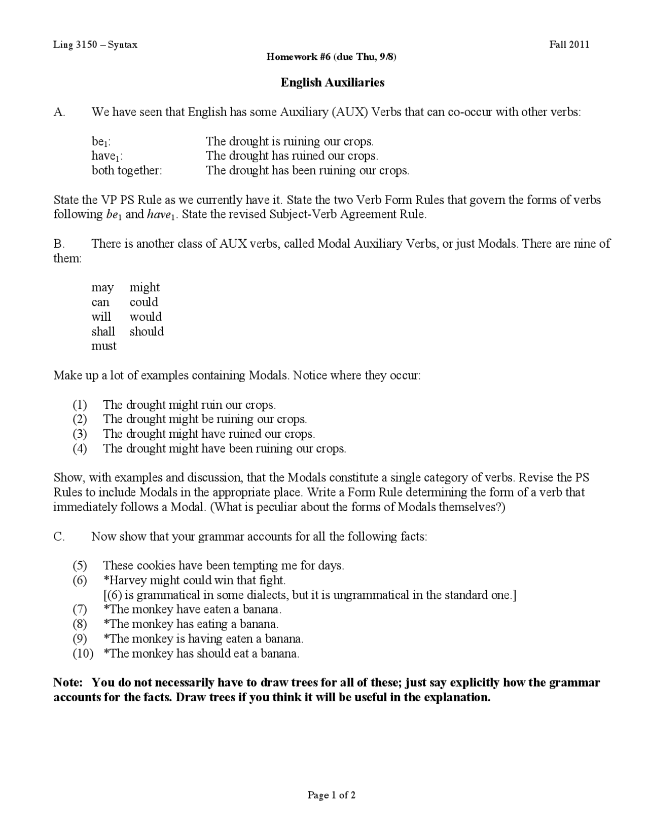 Notes On English Auxiliaries Generative Syntax Fall 2011 Ling