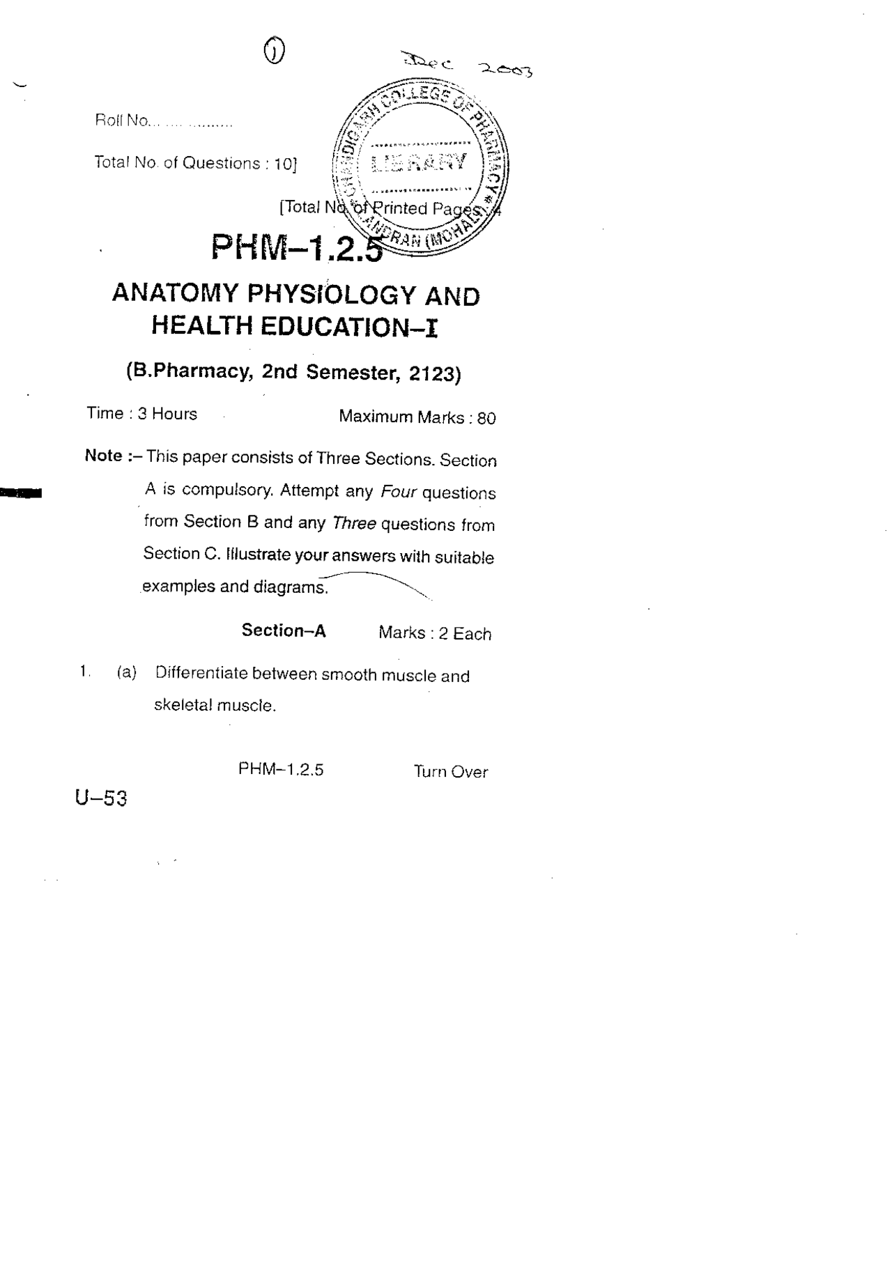 Anatomy Physiology and Health Education Test Paper | PTU | Study notes ...