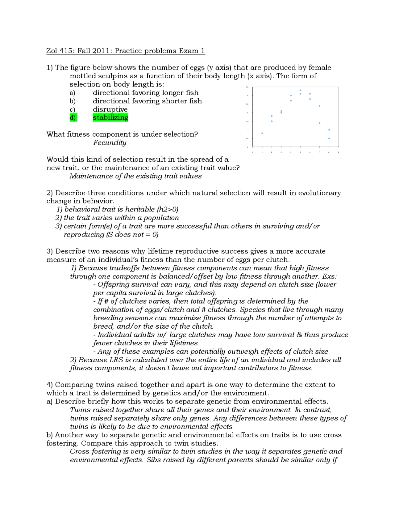 Practice Problems for Zol 415: Fall 2011 - Selection and Evolution - Prof. Janette Boughma ...