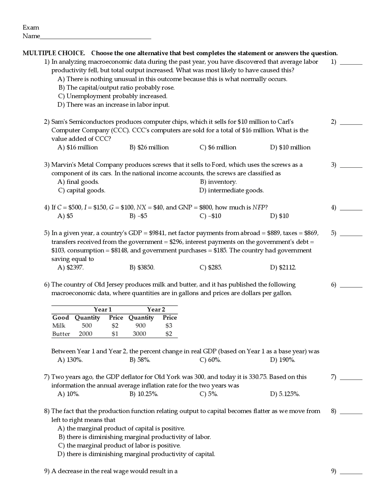 Practice Midterm Exam On Intermediate Macroeconomics Econ 4020