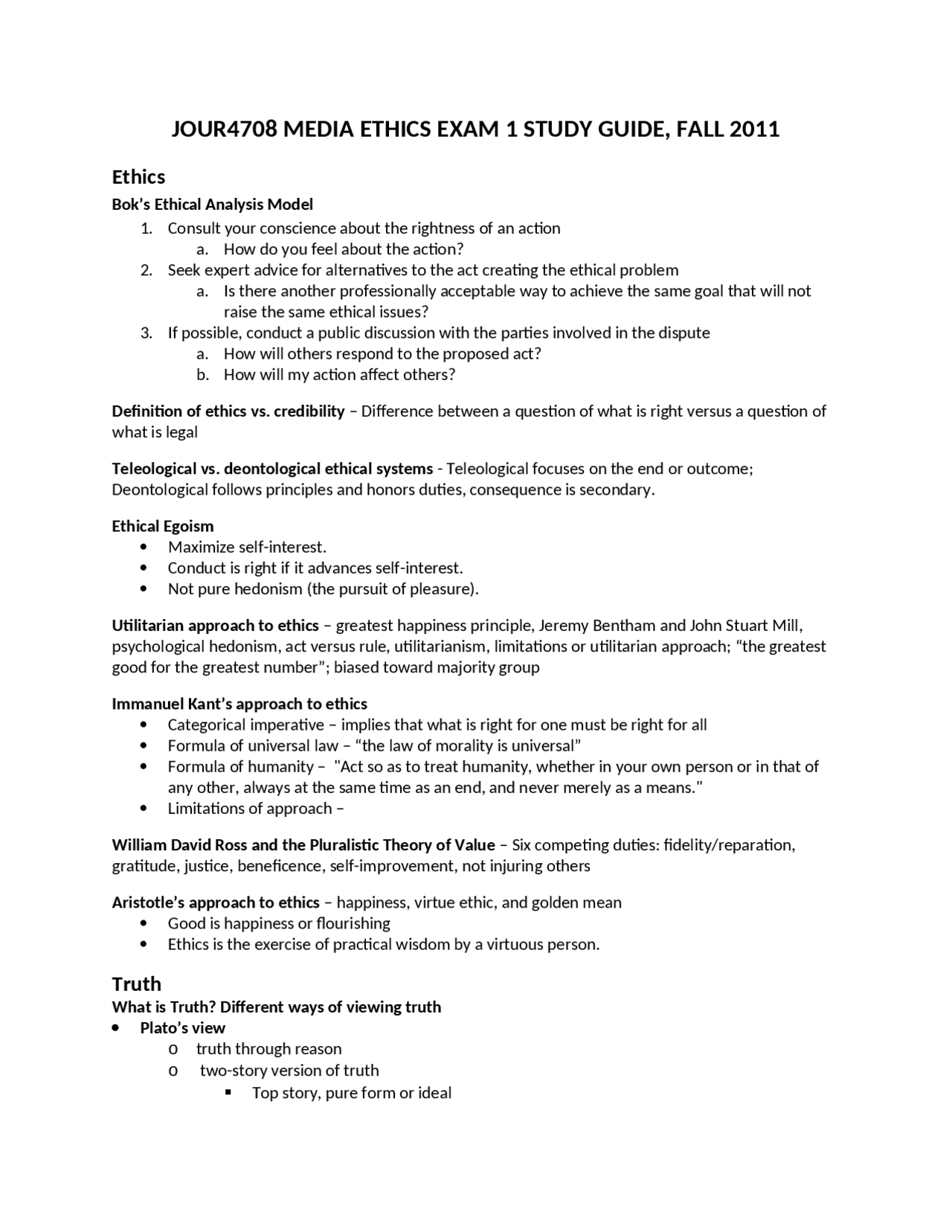 Media Ethics Exam 1 Study Guide - Mass Media Ethics | JOUR 4708 | Study ...