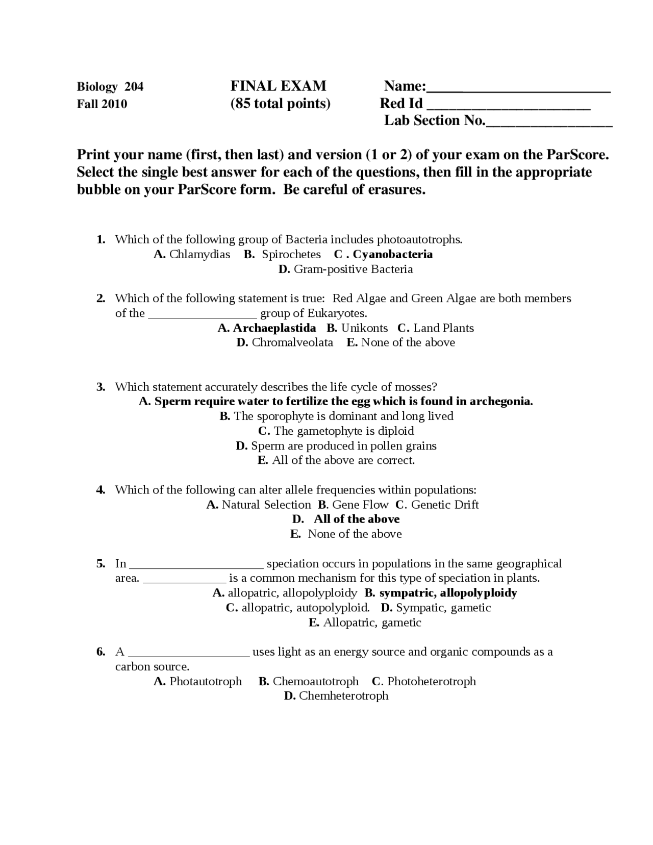 Solved Questions For Final Exam Principle Of Organismal Biology