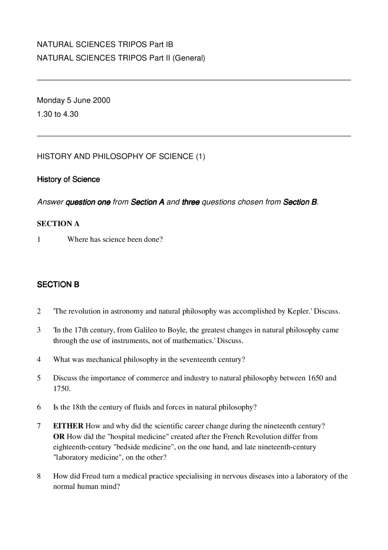 History and Philosophy of science - Exam 2000 - History - Docsity