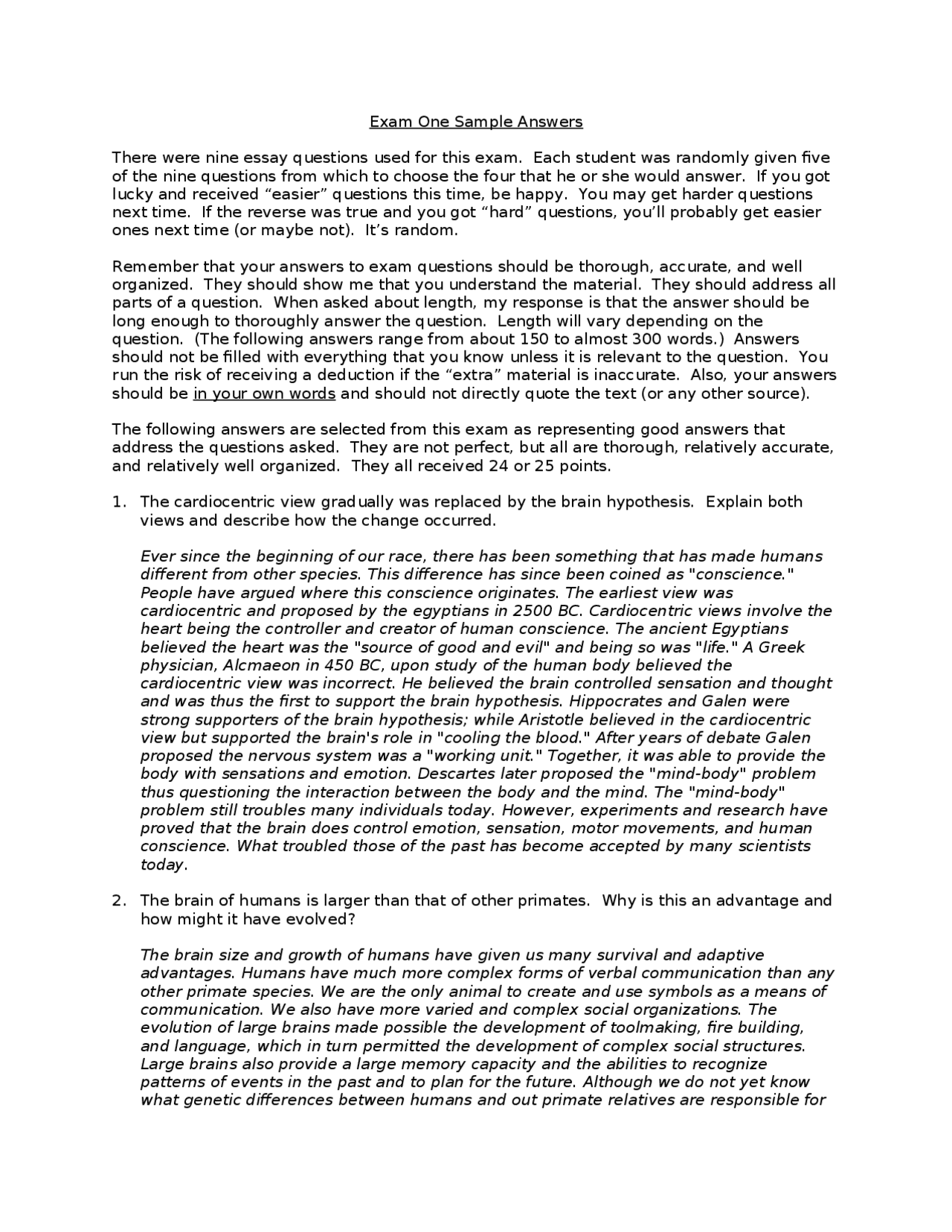 Exam 1 Sample Answers Biological Psychology I Psy 310 Docsity