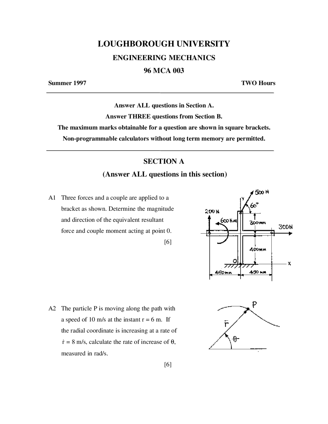 Engineering Mechanics - Exam 1997 - Mechanical Engineering - Docsity