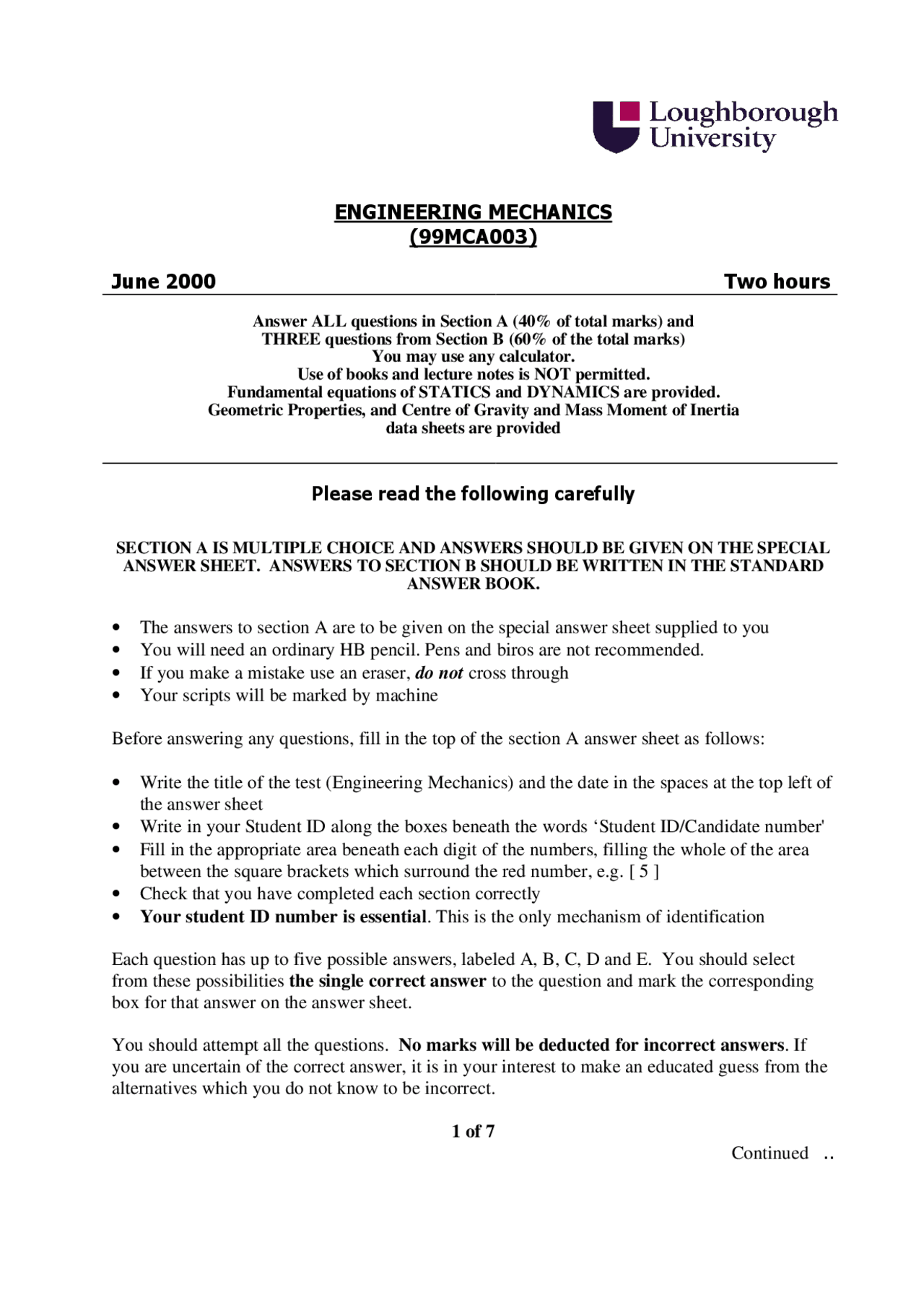 Engineering Mechanics - Exam 2000 - Mechanical Engineering | Exams ...