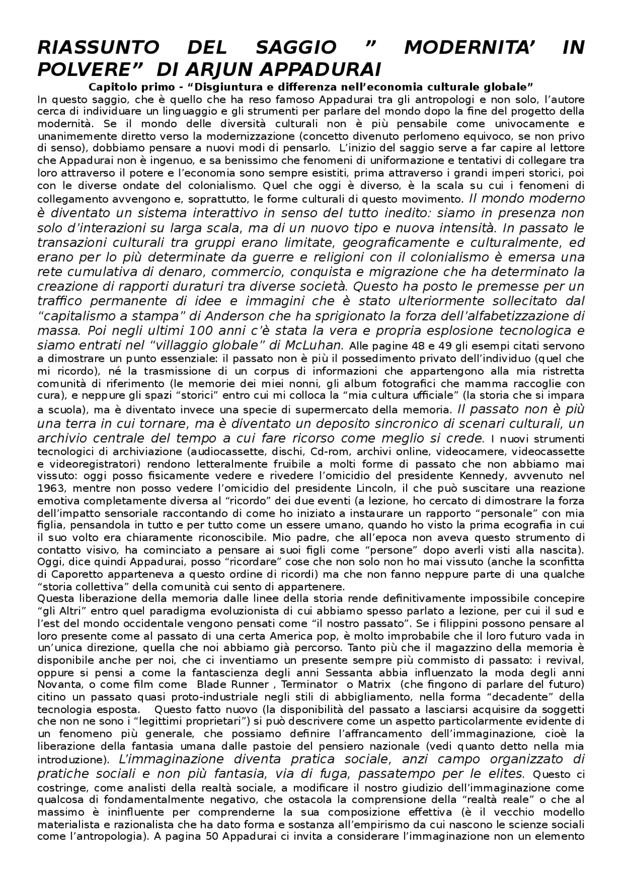 Riassunto Delle Lezioni Sul Testo Modernità In Polvere Appadurai