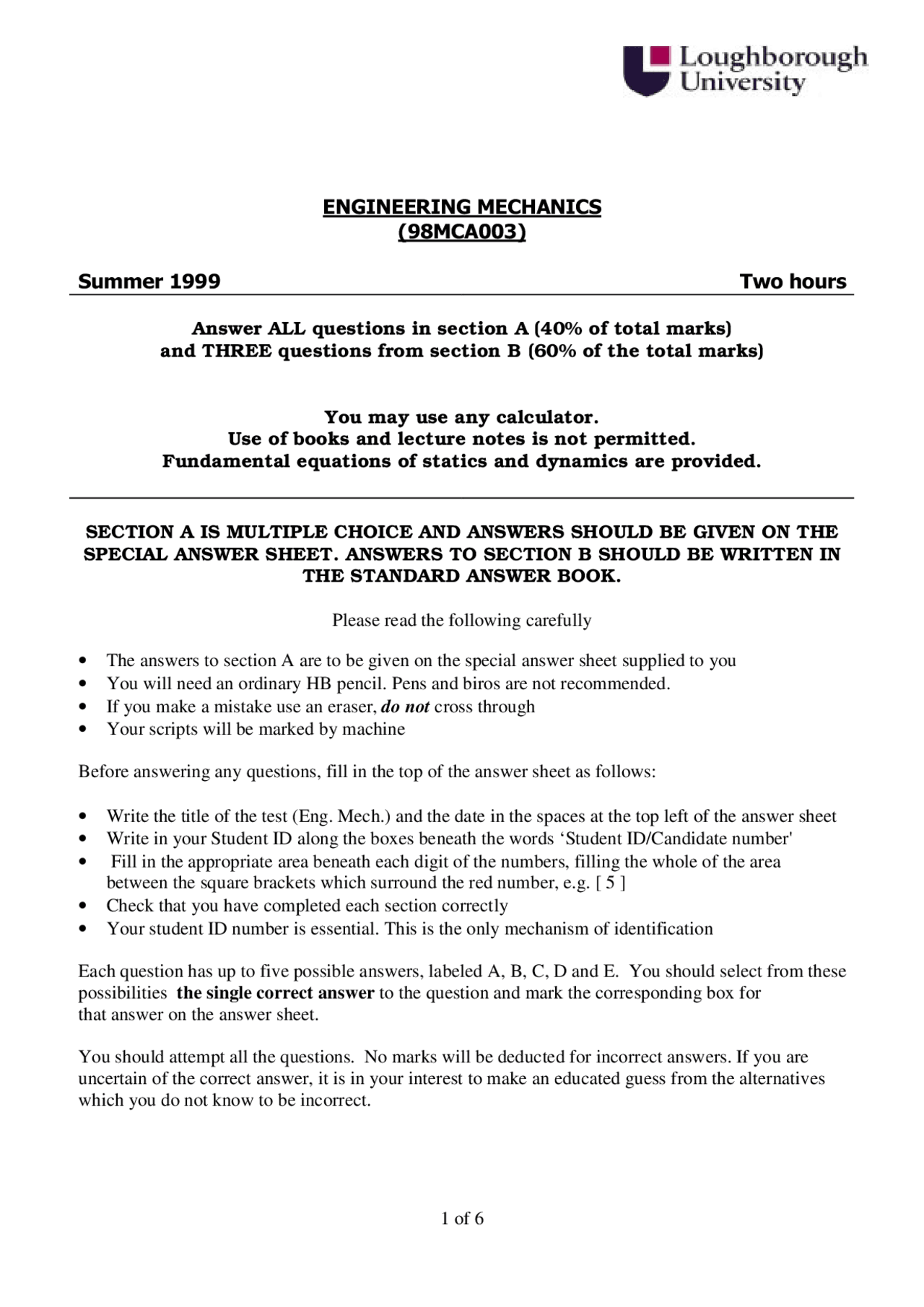Engineering Mechanics - Exam 1999 - Mechanical Engineering | Exams ...