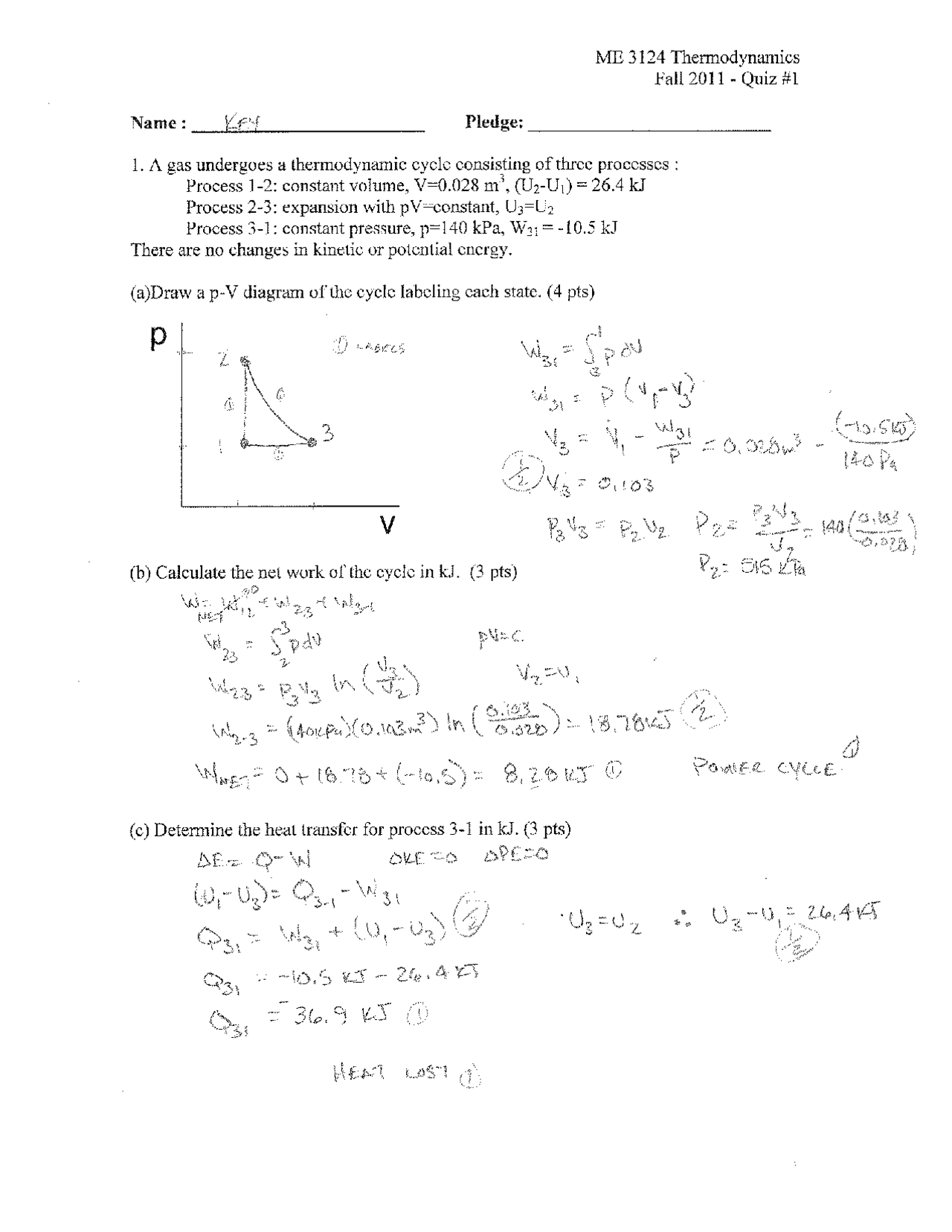 Quiz 1 With Solution For Thermodynamics Me 3124 Docsity