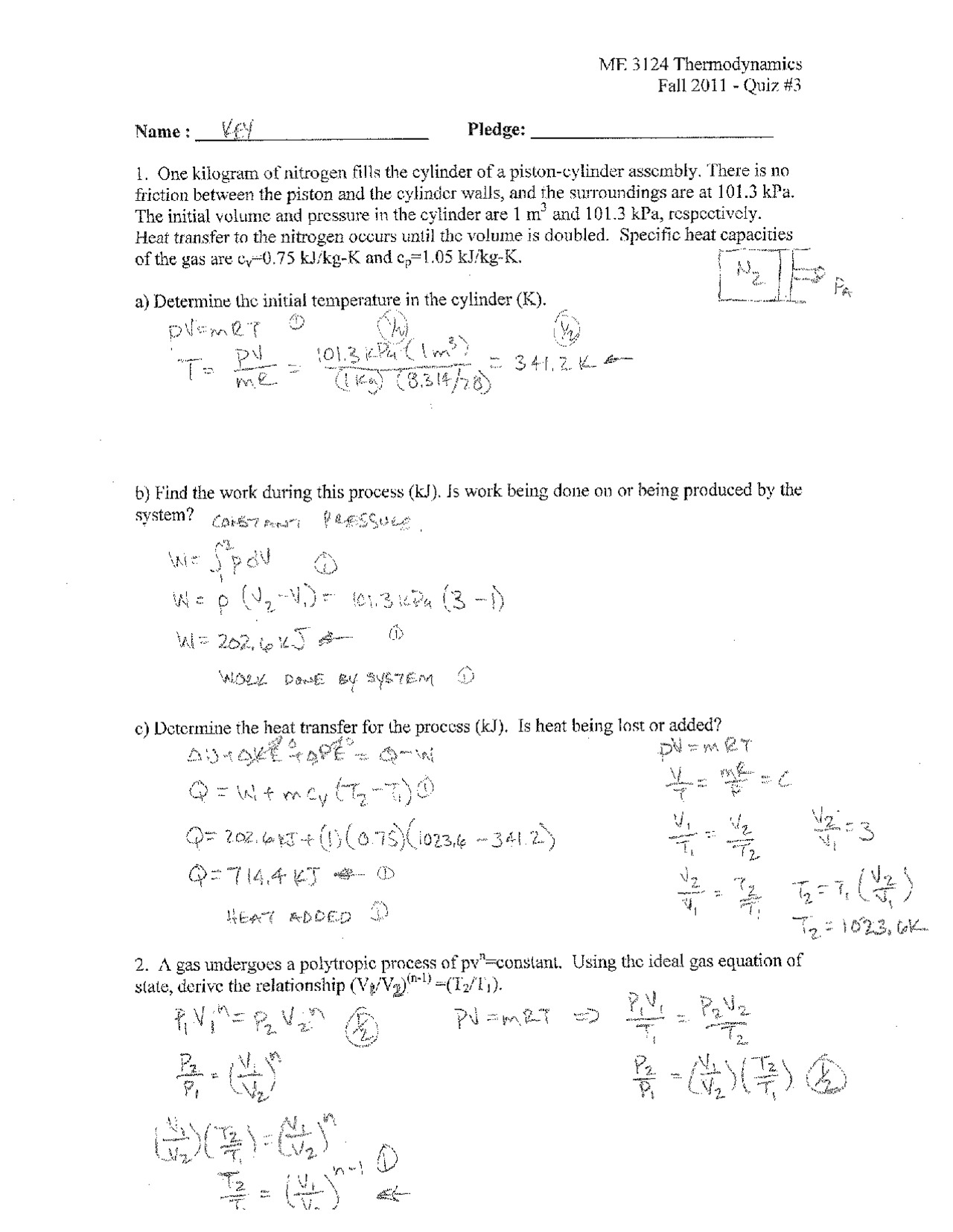 Quiz 3 Solutions Thermodynamics Fall 2011 Me 3124 Docsity