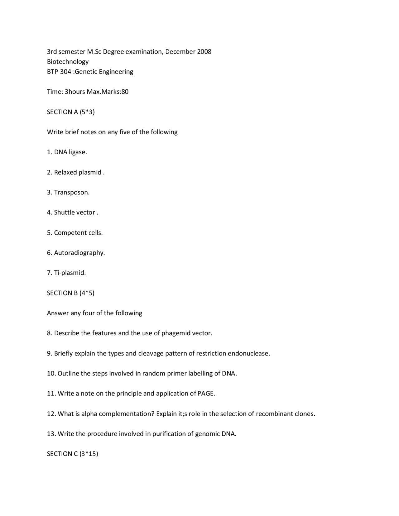 Test Paper - Genetic Engineering - Bangalore University - Master in ...