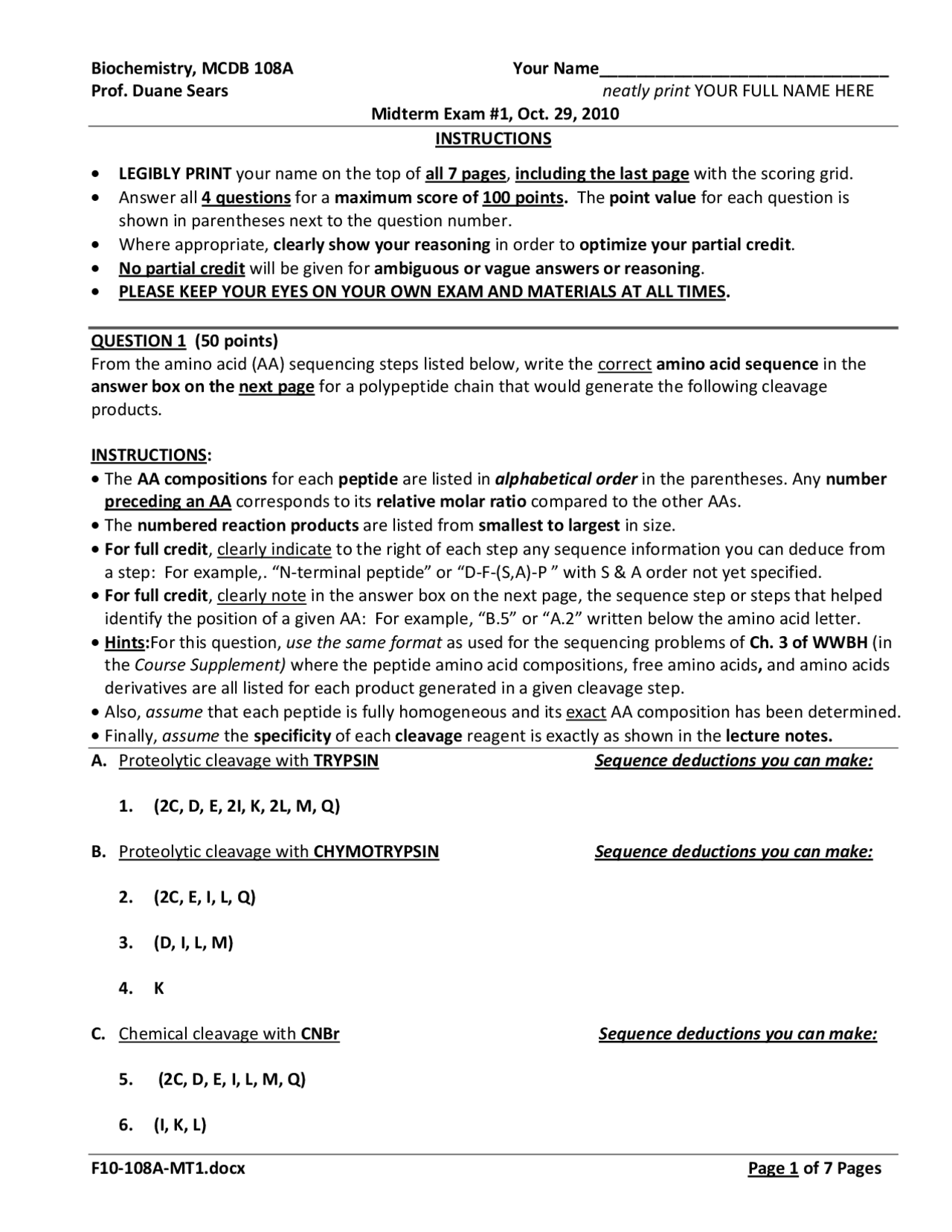 Midterm Exam 1 General Biochemistry Mcdb 108a Docsity