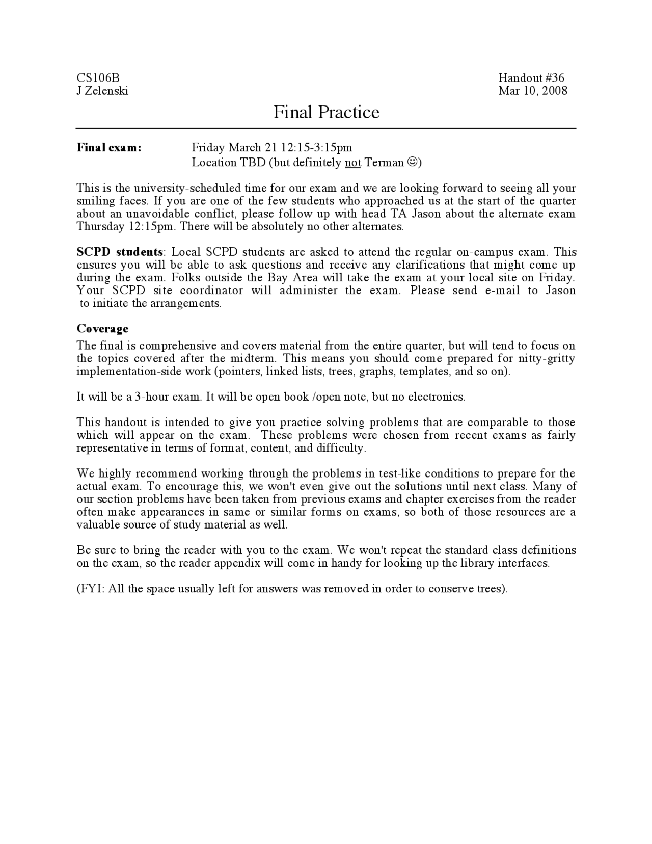 Introduction To Computer Science Programming Abstractions Final Practice 21032011 Docsity